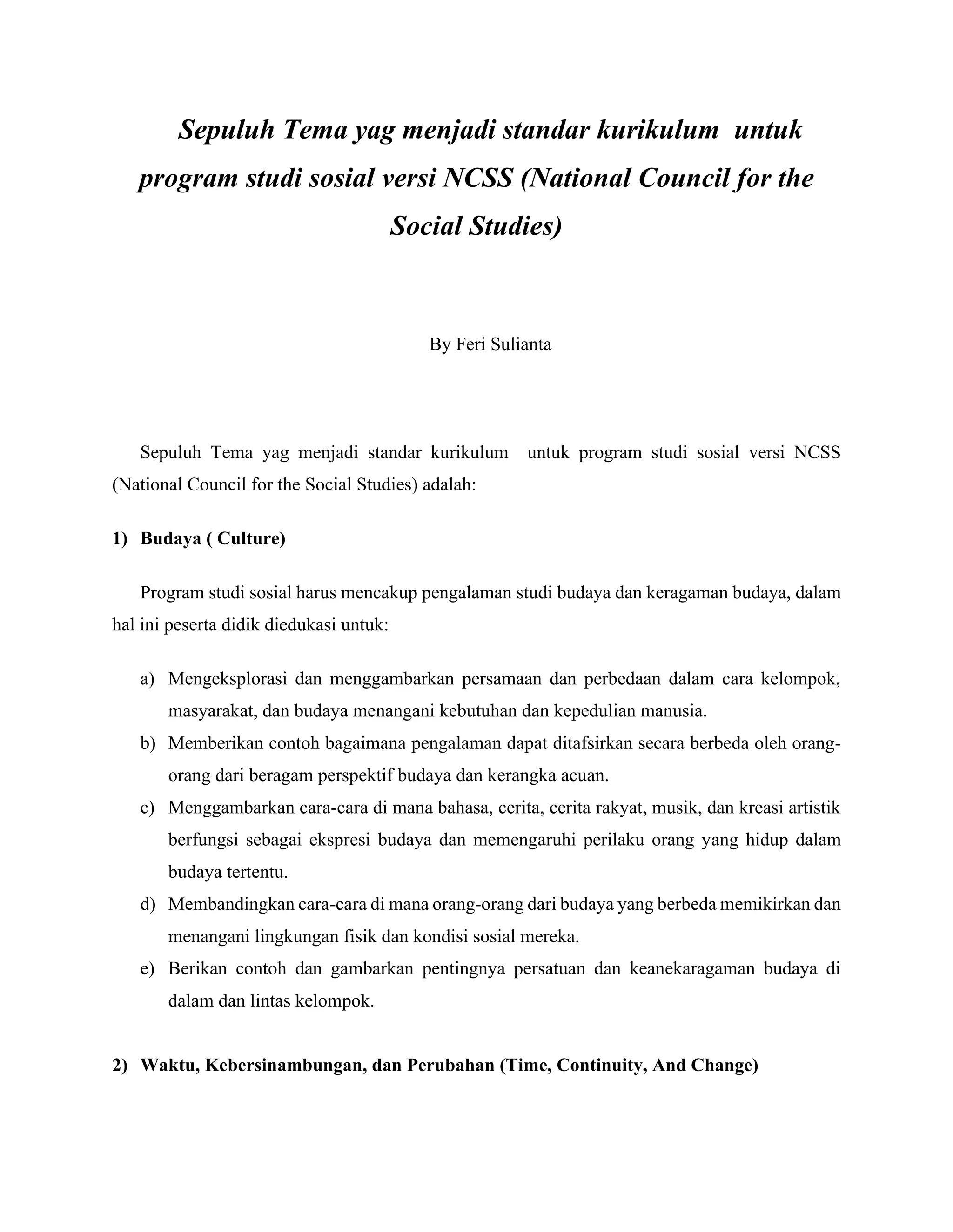 Sepuluh Tema yag menjadi standar kurikulum untuk program studi sosial ...