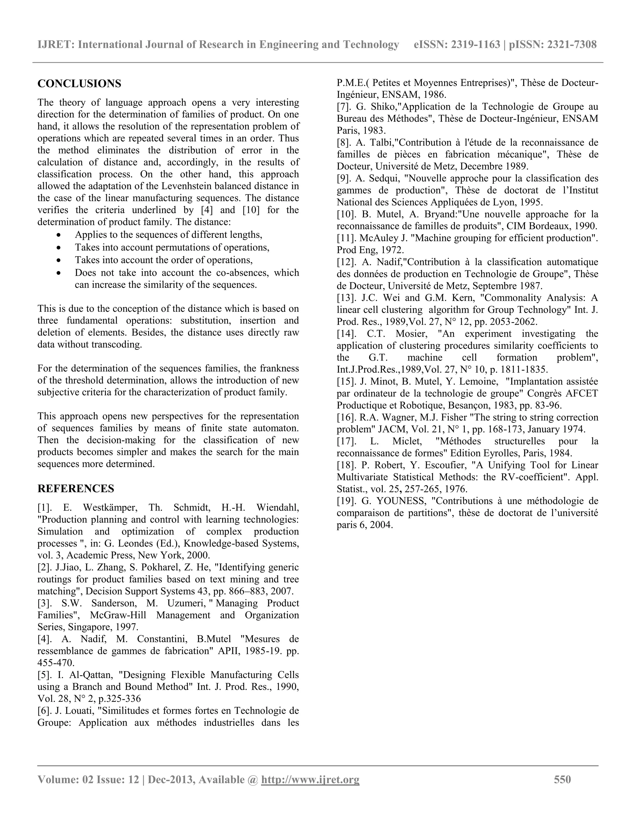 Sequences classification based on group technology for flexible manufacturing cell design | PDF