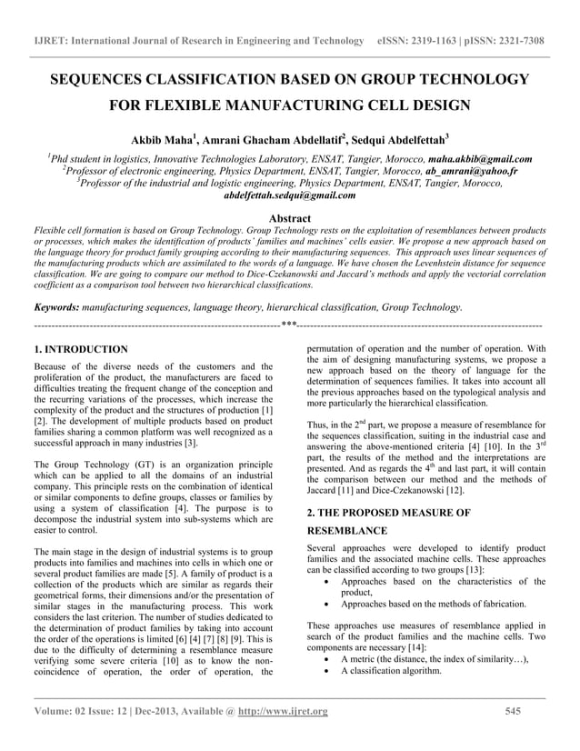 Sequences classification based on group technology for flexible manufacturing cell design | PDF