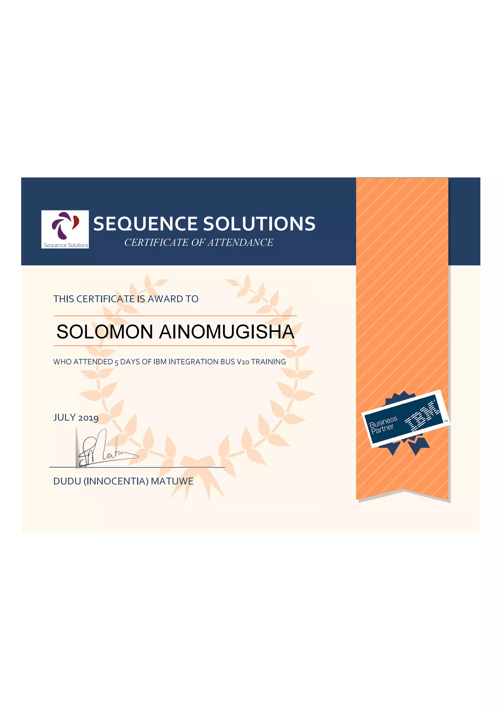 Sequence solutions iib training certificate Ainomugisha Solomon | PDF