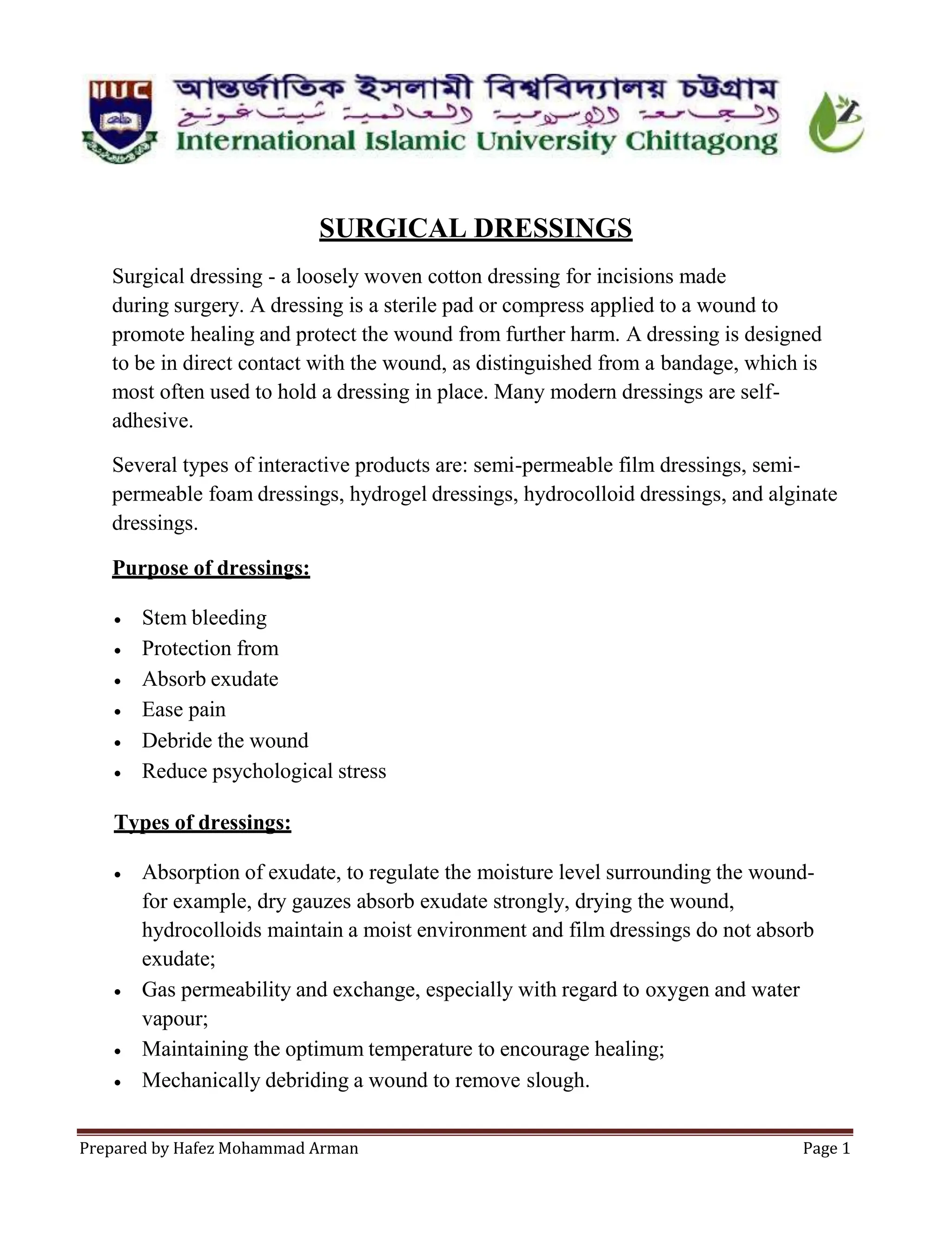 Surgical Dressing Pharm-1203. Dept of Pharmacy | PDF