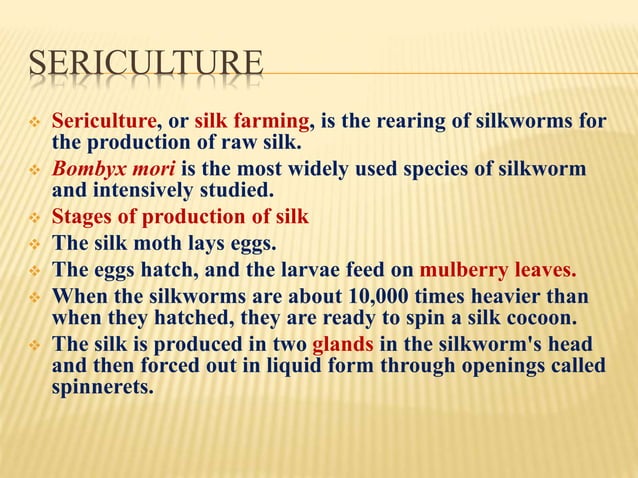 Sericulture: History,silk route & types of silk | PPTX | Needlework ...