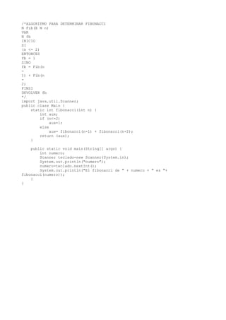 Serie de fibbonacci recursivo en java | TXT