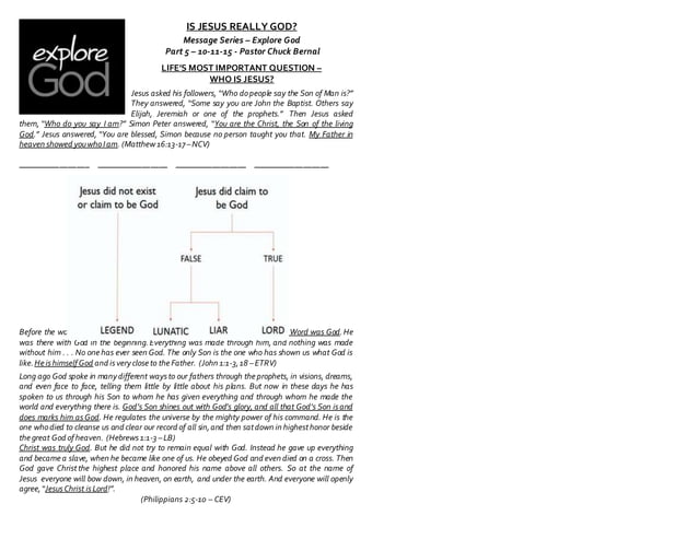 Series explore god - part 5 - is jesus really god? - 10-11-15 - outline ...