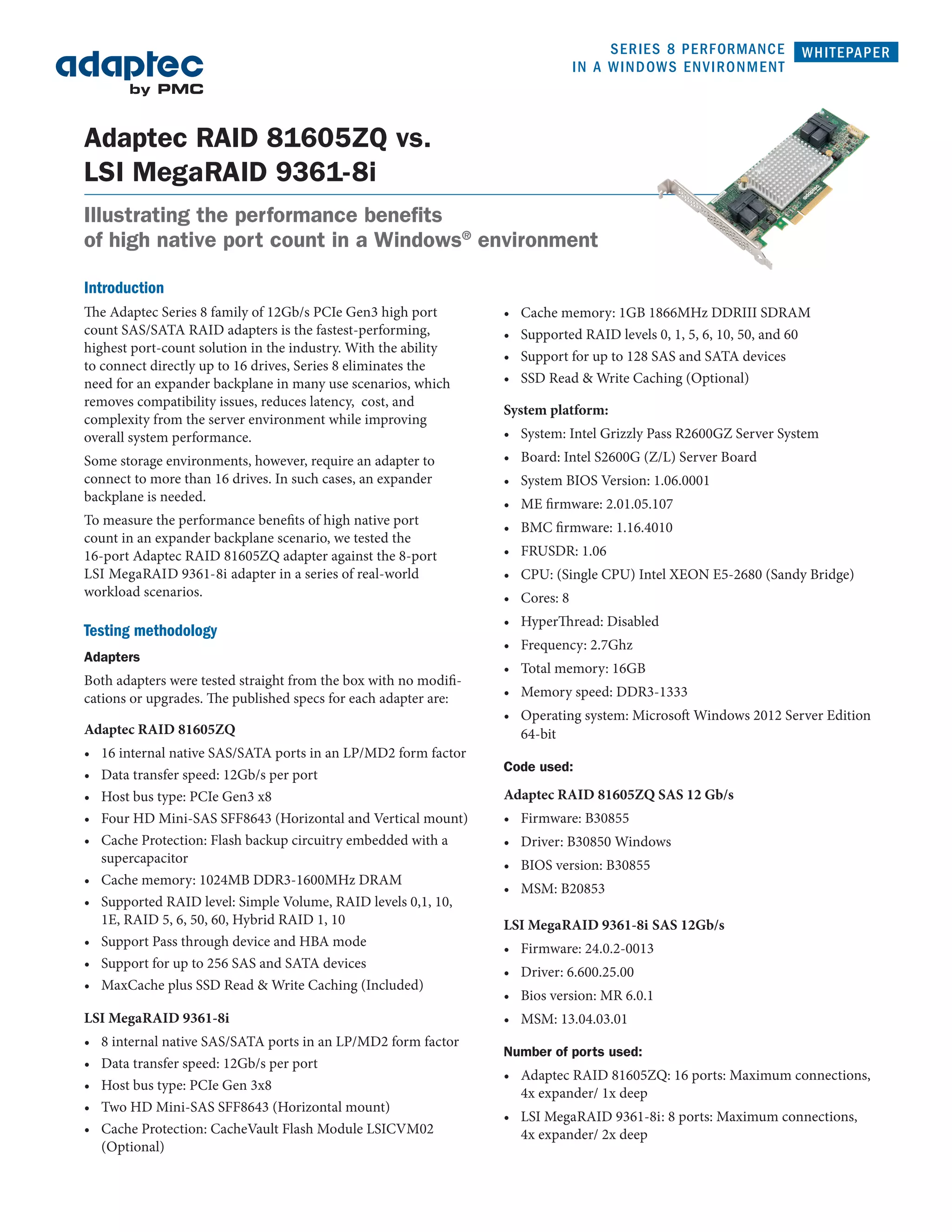 Adaptec RAID 81605ZQ vs. LSI MegaRAID 9361-8i Performance Whitepaper | PDF