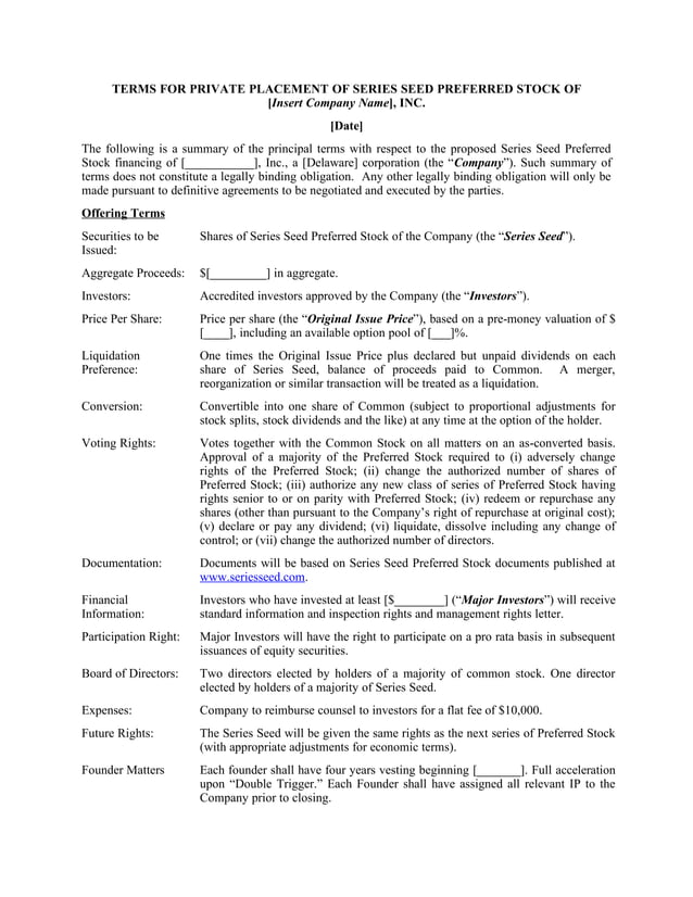 Series seed termsheet | DOC | Stocks and Bonds | Personal Investing