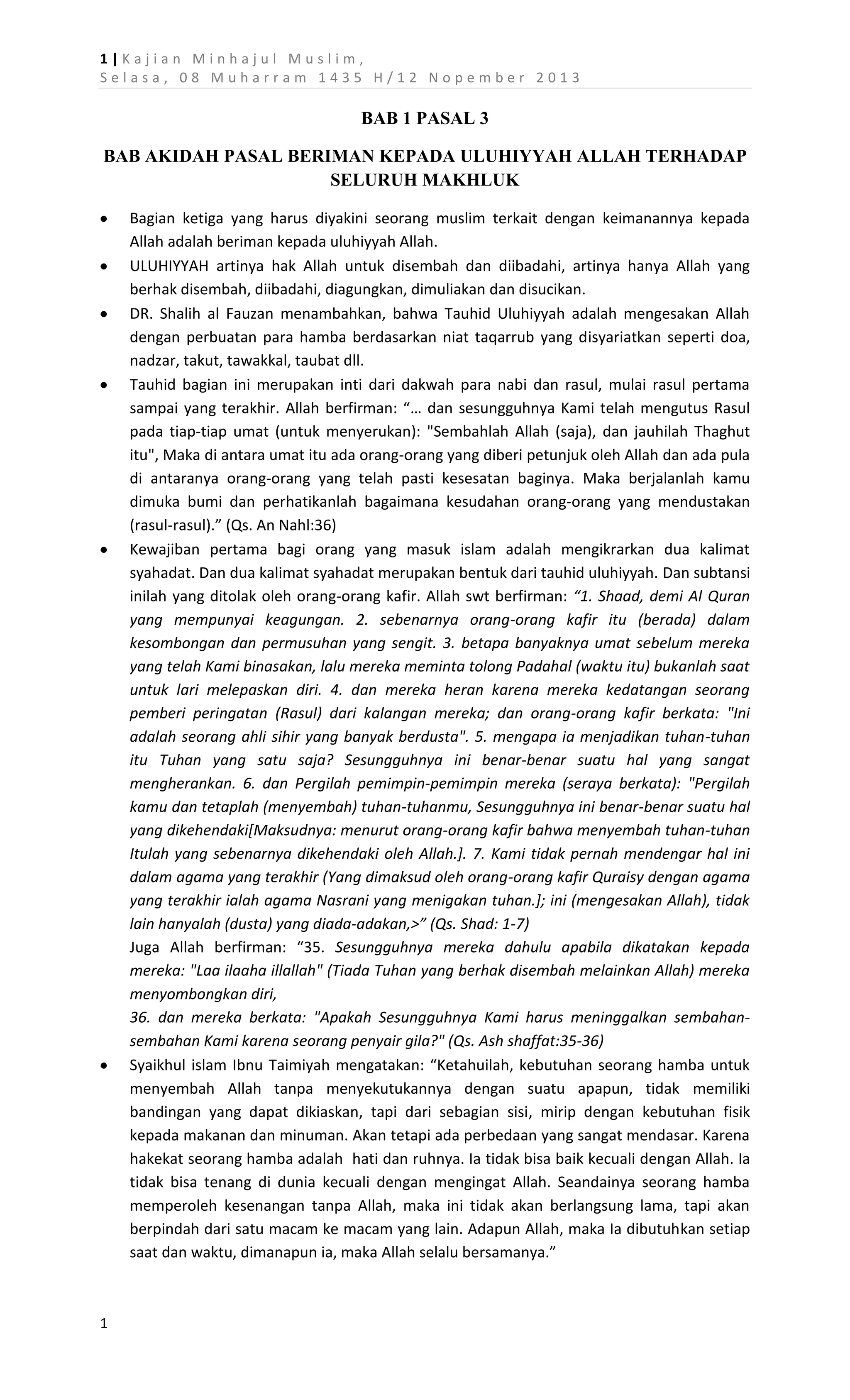 Seri kajian minhajul muslim bab satu pasal 3, bab akidah pasal beriman dengan uluhiyah alloh | PDF