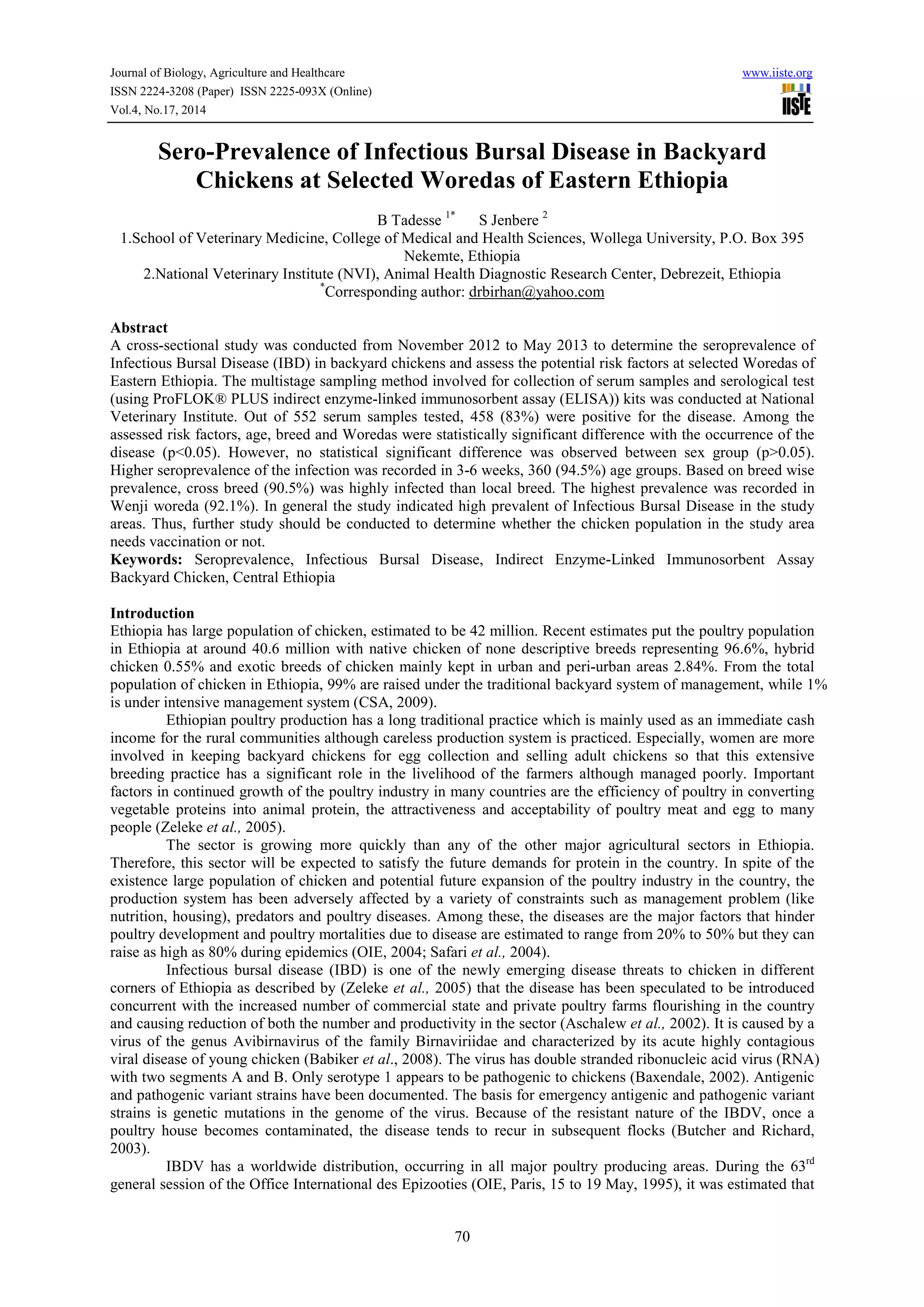 Sero prevalence of infectious bursal disease in backyard chickens at ...