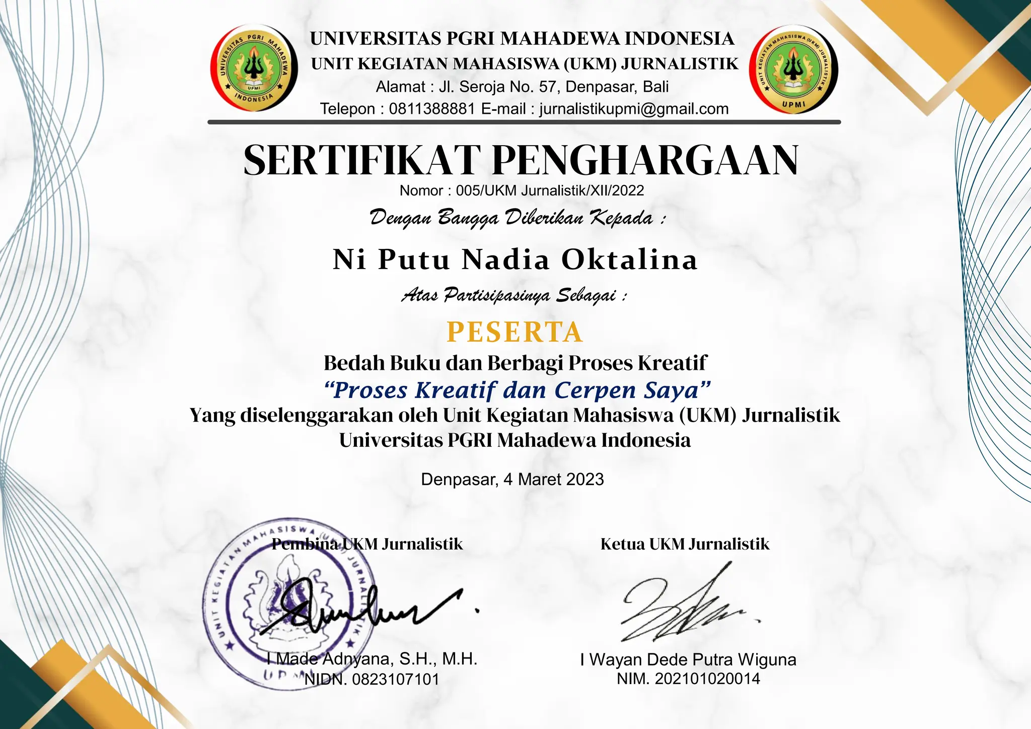 Sertifikat.pdf universitas pgri mahadewa indonesia | PPT