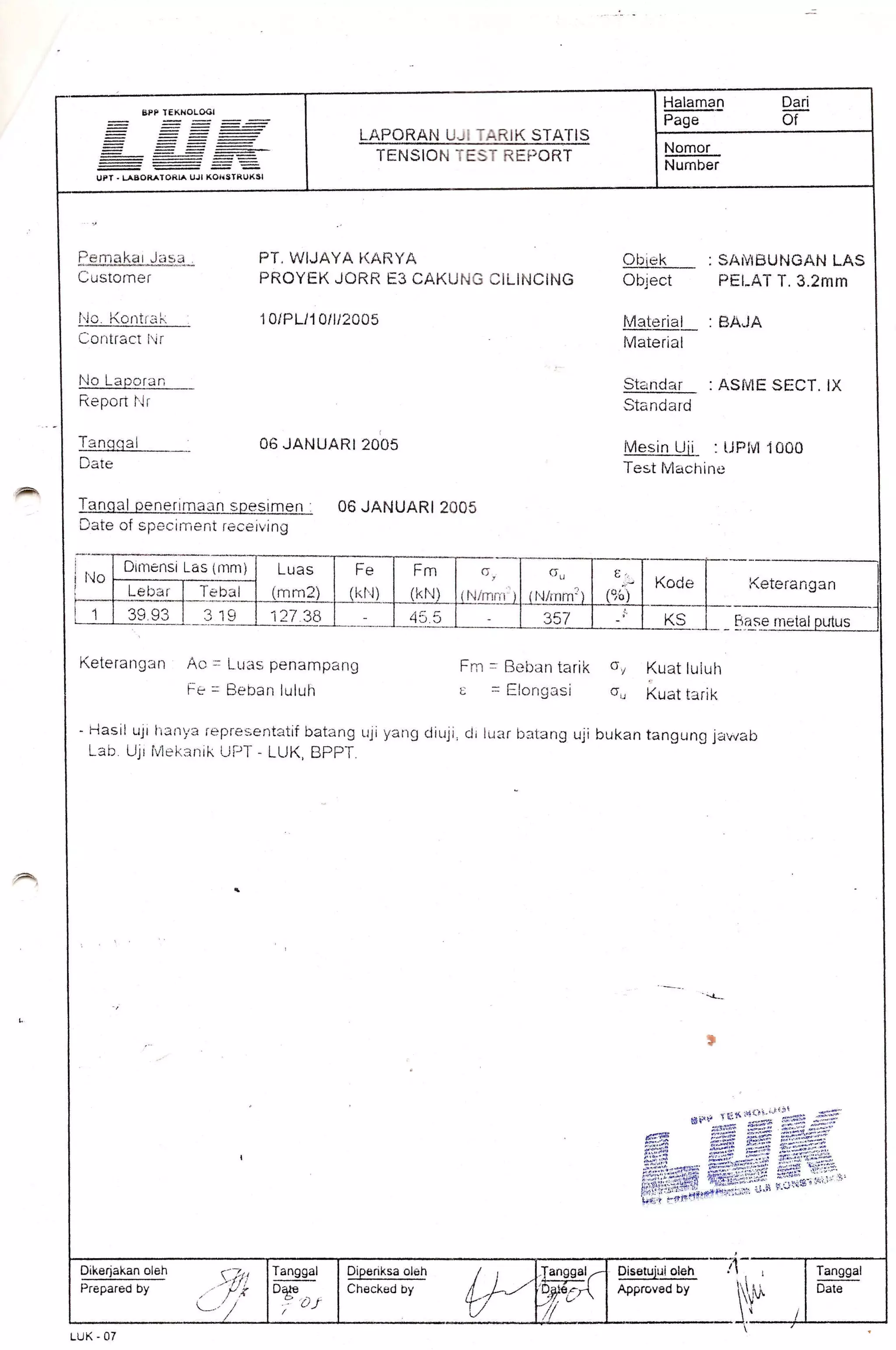 Laporan Uji Tarik Statis Plat Baja Tiang PJU Octagonal Produksi PT ...