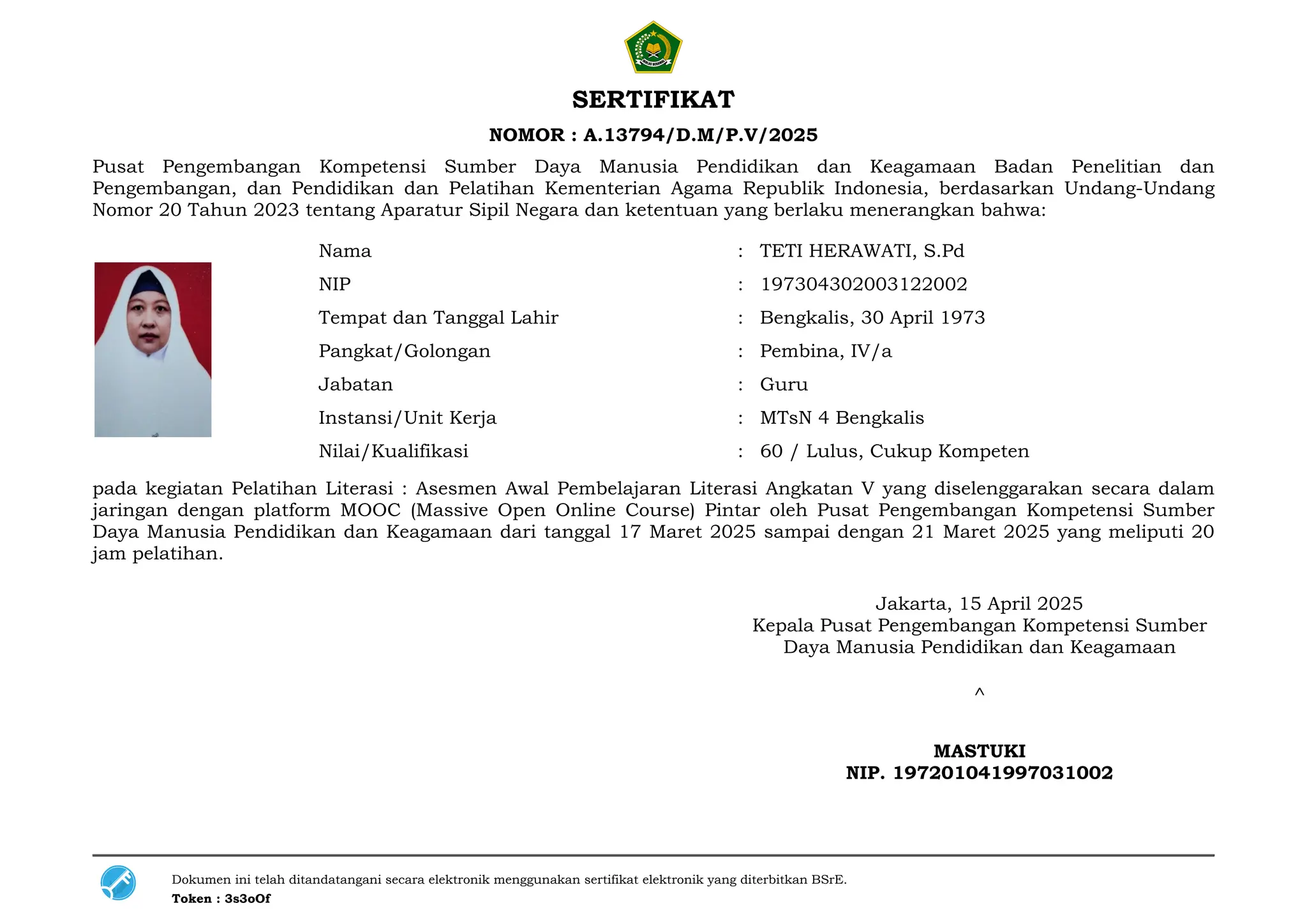 Sertifikat Pelatihan Literasi _ Asesmen Awal Pembelajaran Literasi 26 ...