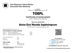 Sertifikat TOEFL Anisa Dwi Nanda 10080017187 | PPT
