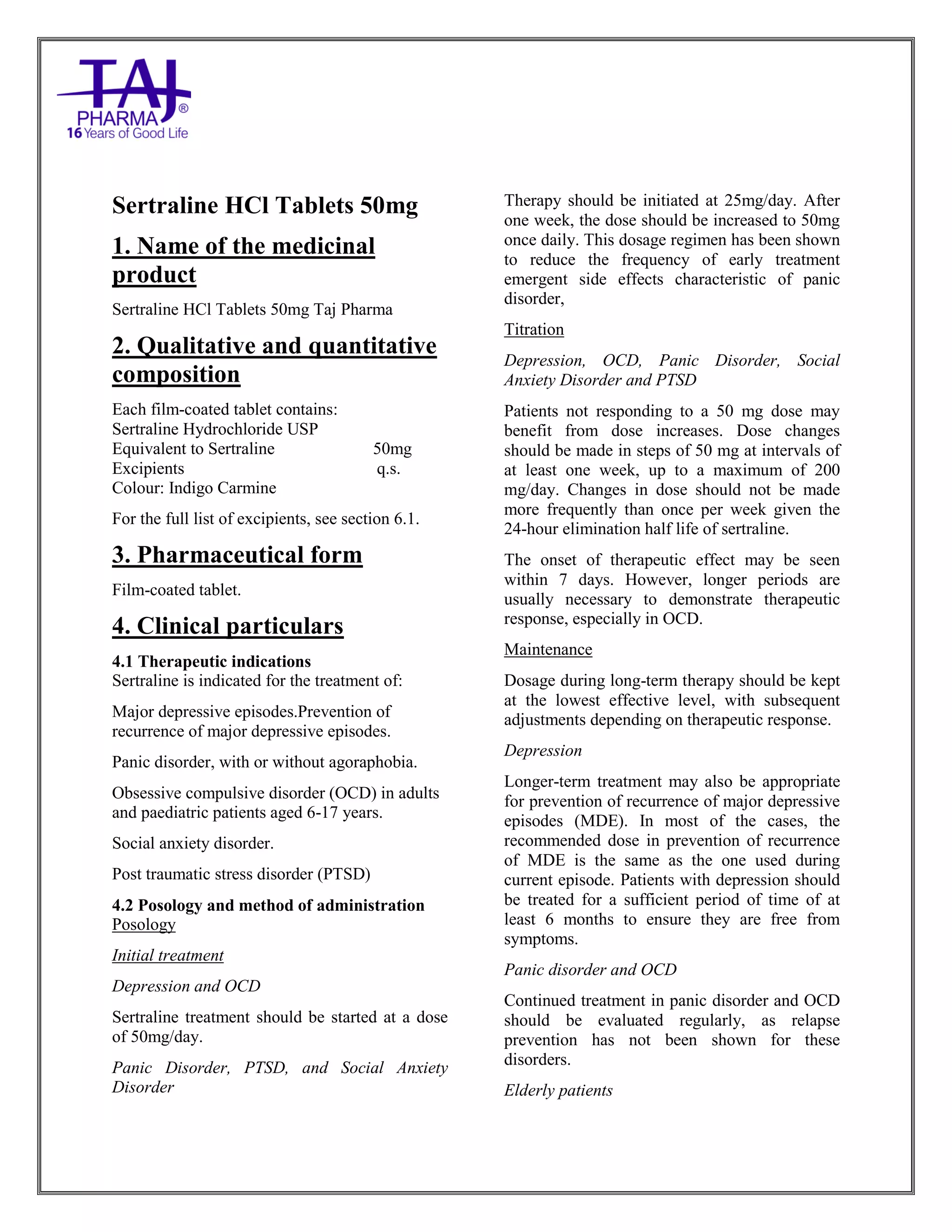 Sertraline HCl Tablets Taj Pharma SmPC | PDF