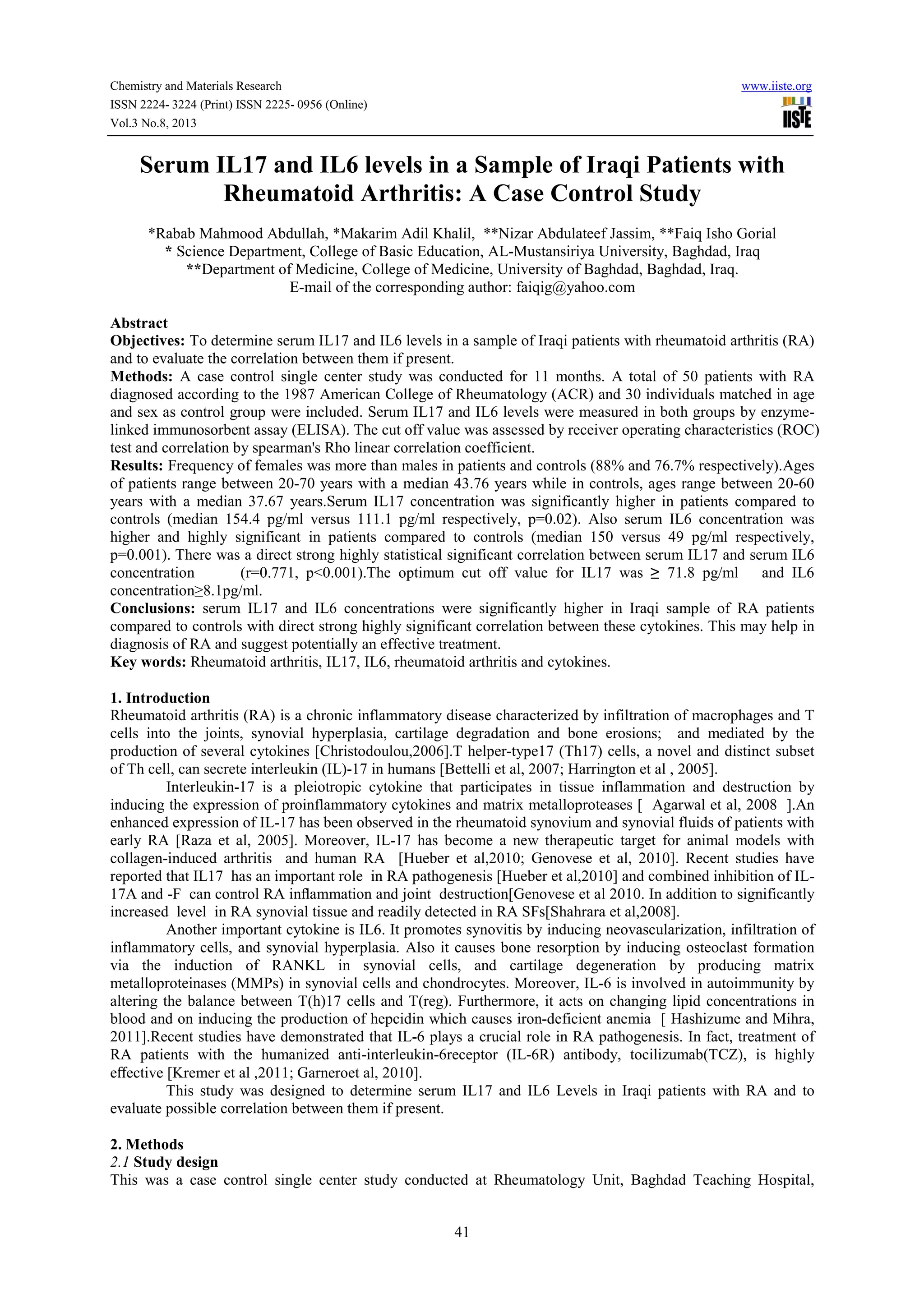 Serum il17 and il6 levels in a sample of iraqi patients with rheumatoid arthritis a case control ...