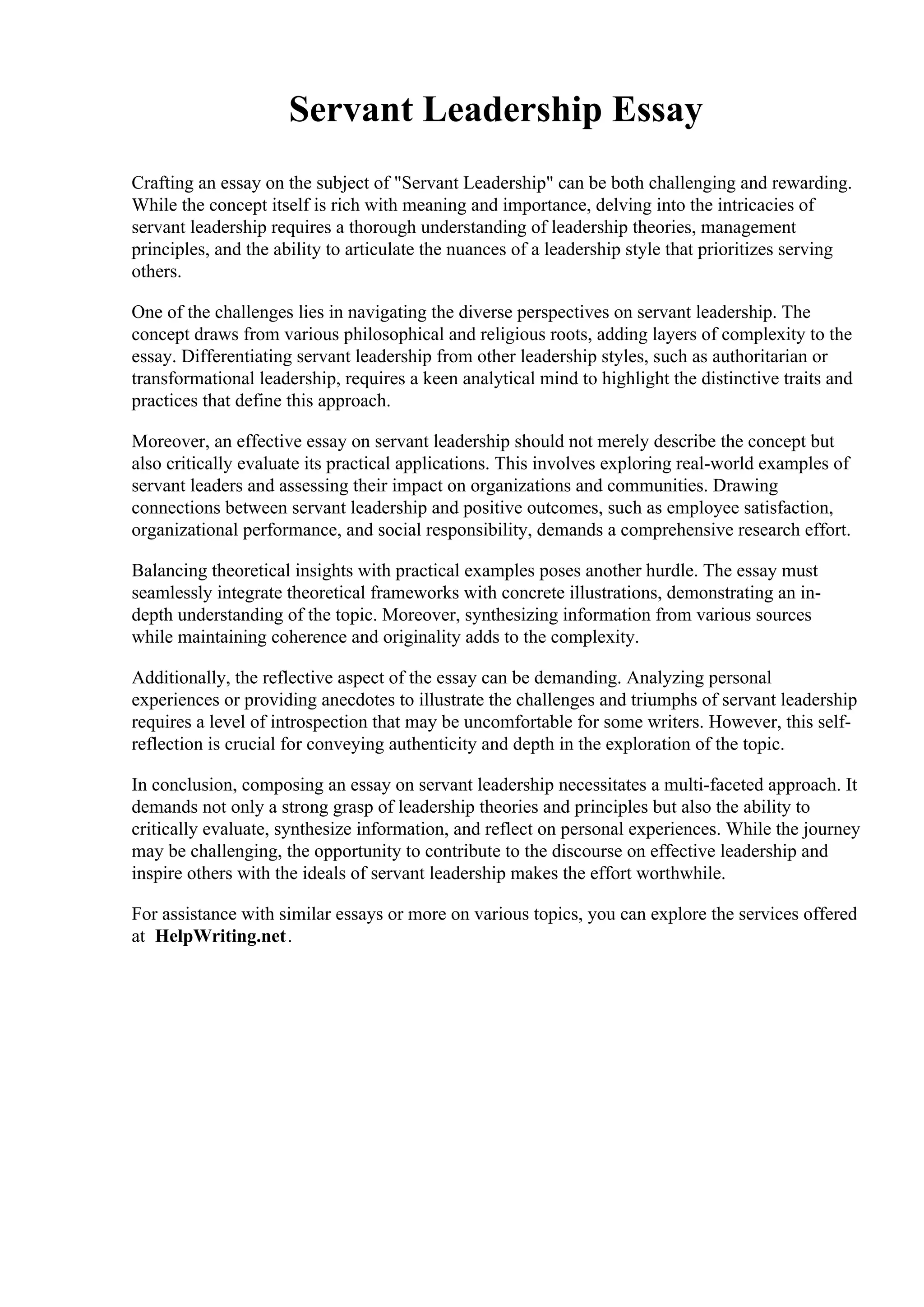 Servant Leadership Essay. University of Louisville | PDF