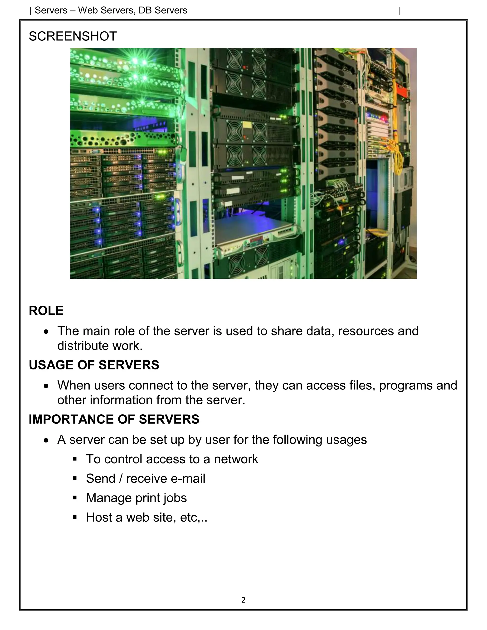 SERVERS BASSIC INTRIDUCTION ,TYPES AND THEIR FUNCTIONALITIES | PDF