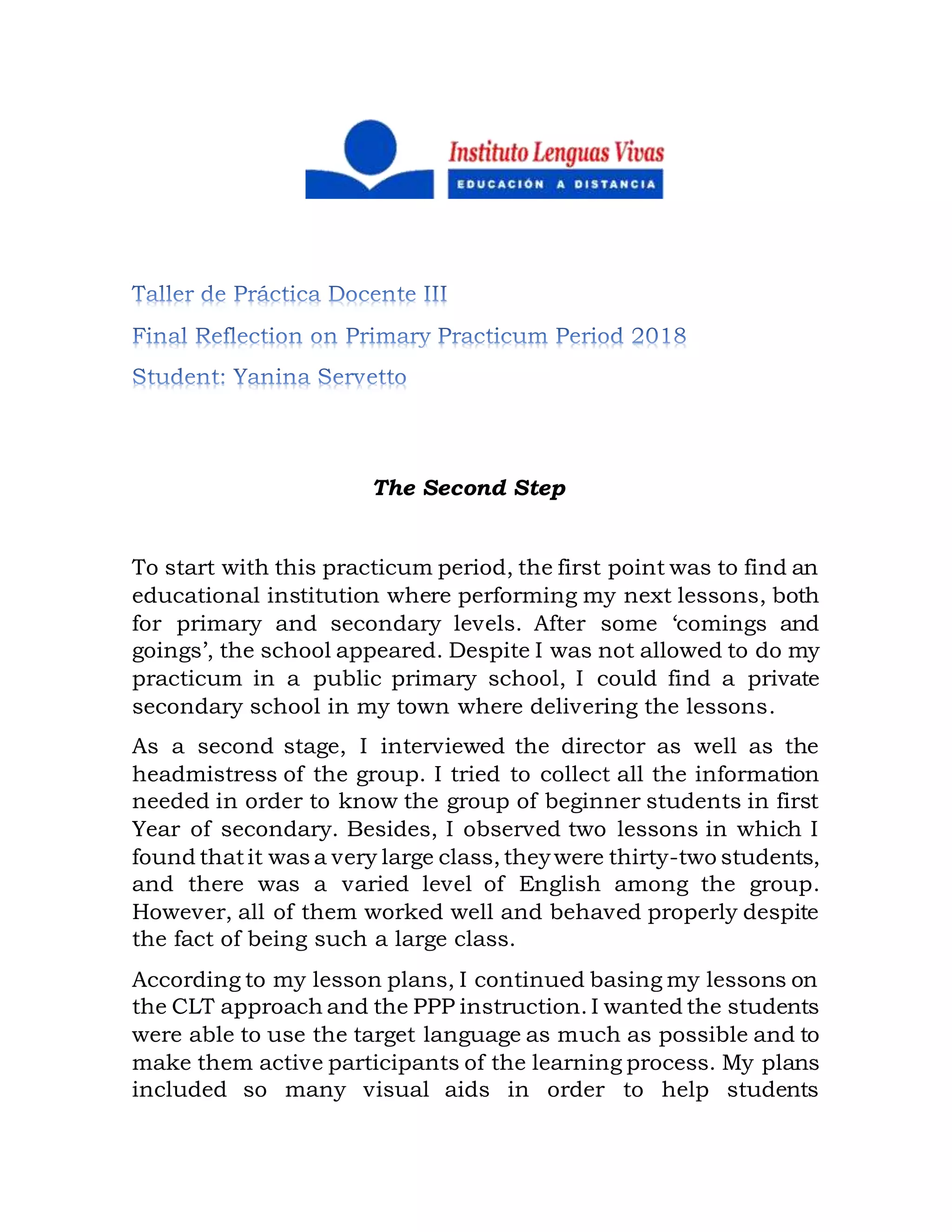 Reflection on primary practicum period 2018 | DOCX