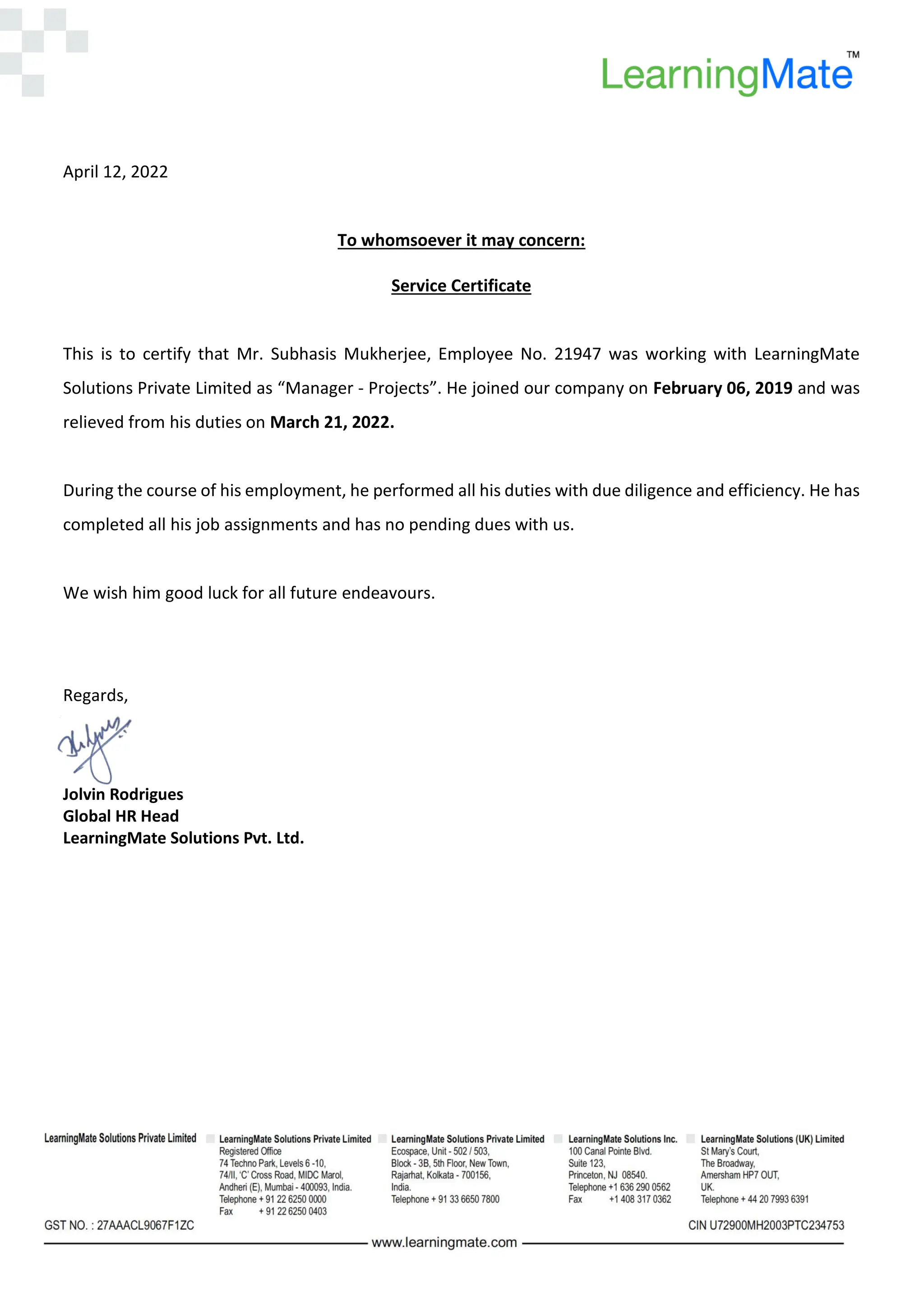 Service Certificate - LearningMate | PDF