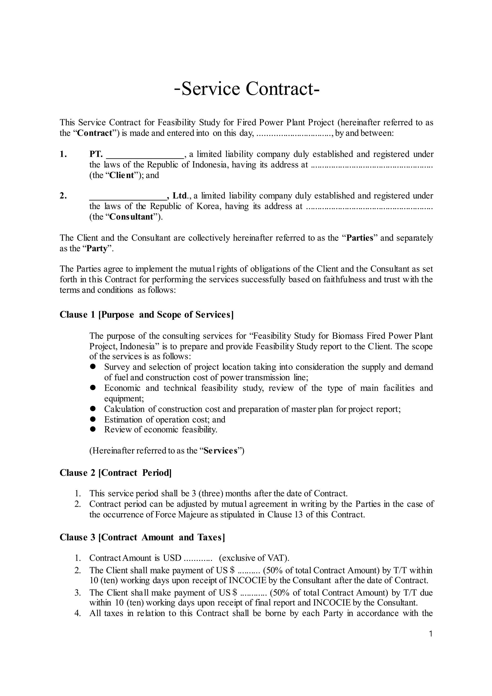 Service Contract for Feasibility Study (Purchase this doc, Text ...