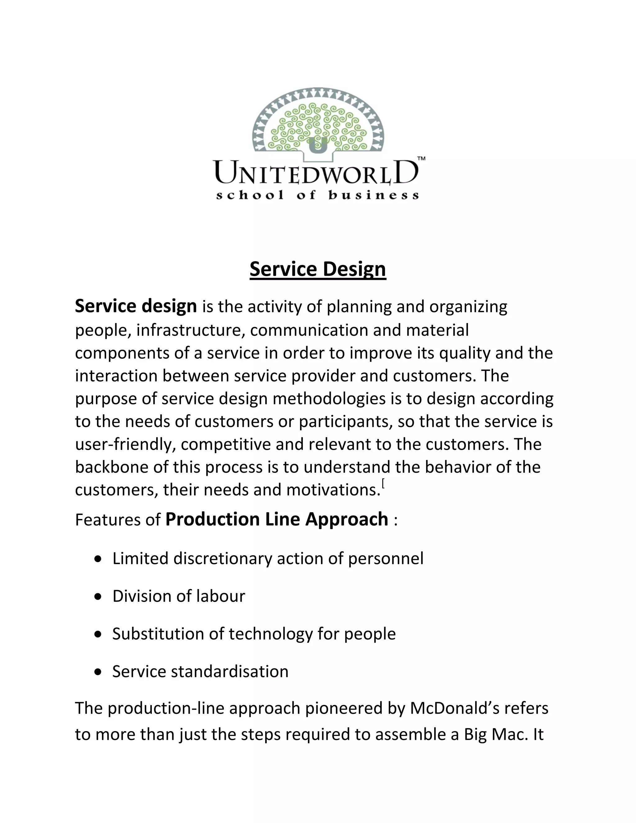 Service Design, features of Production Line Approach. www.unitedworld ...