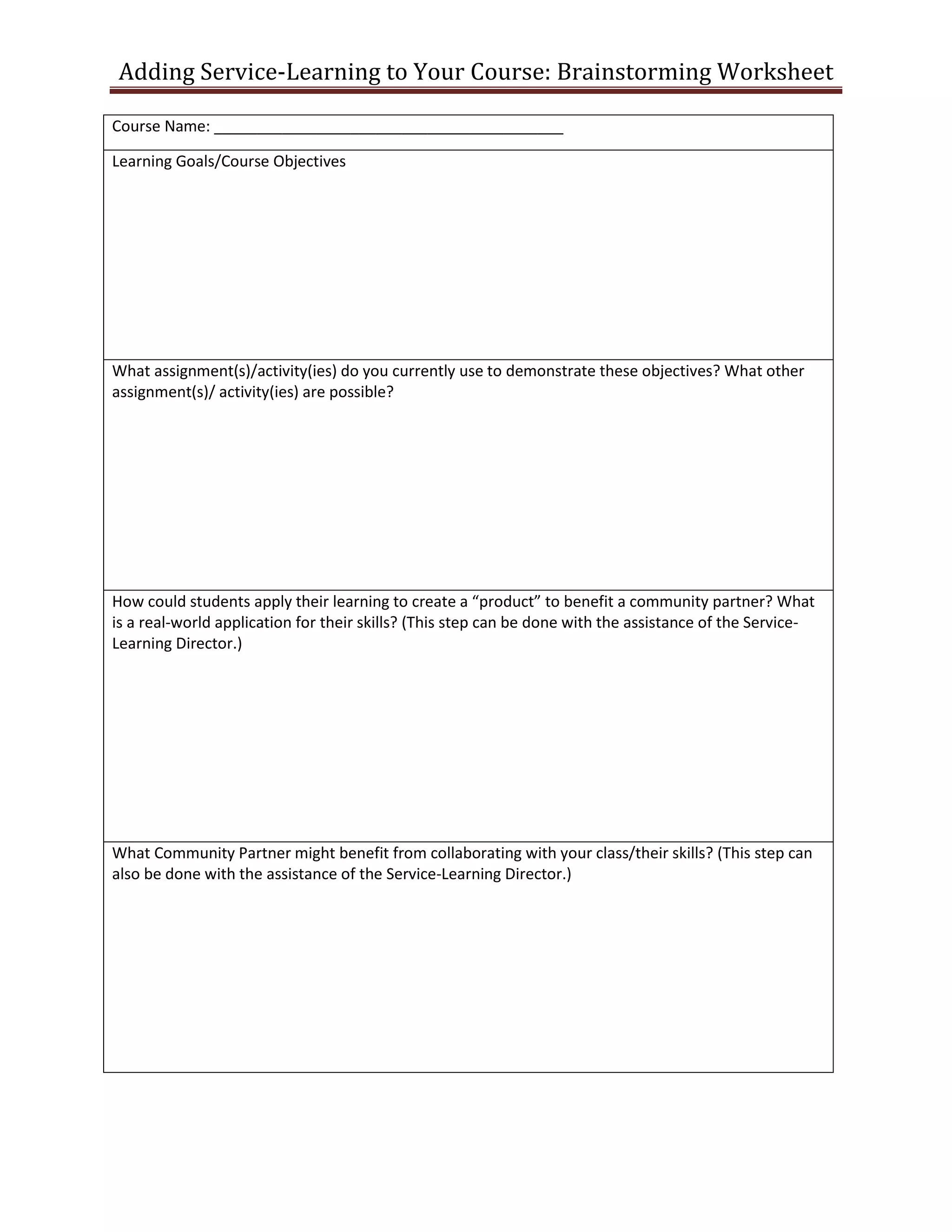 Service learning planning worksheet | DOCX