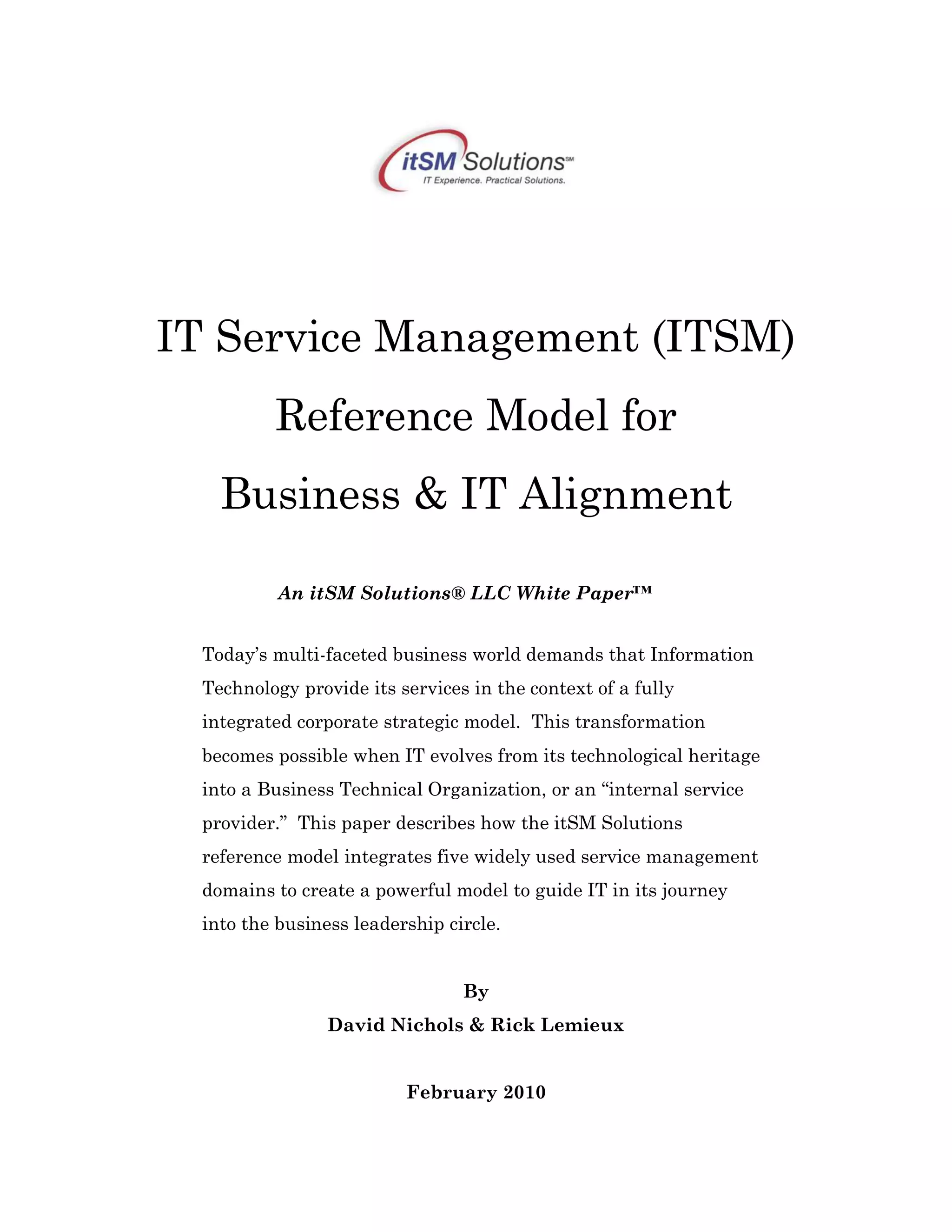 IT Service Management (ITSM) Model for Business & IT Alignement | PDF