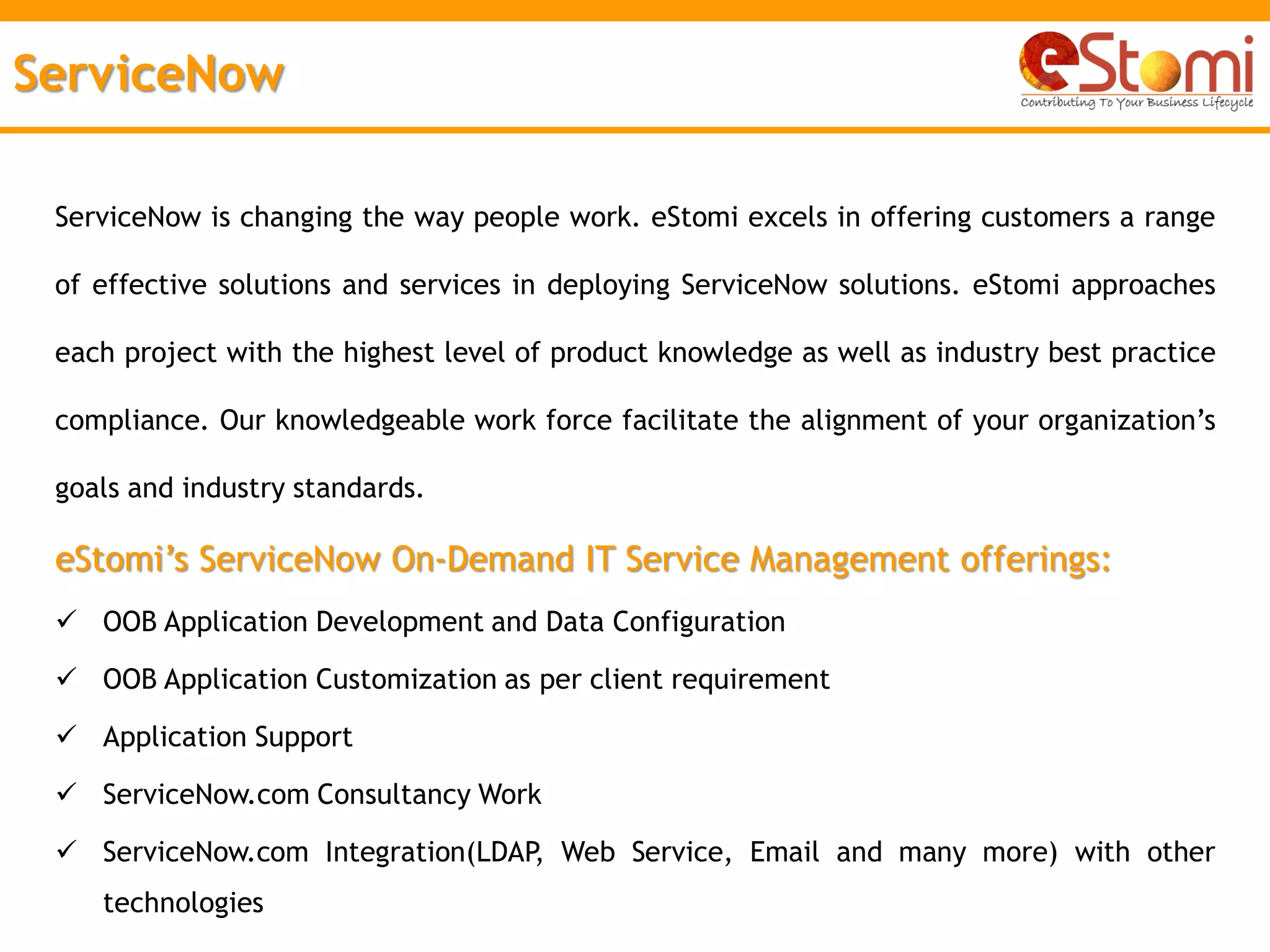 ServiceNow by eStomi - ITSM & BSM Consulting | PPT