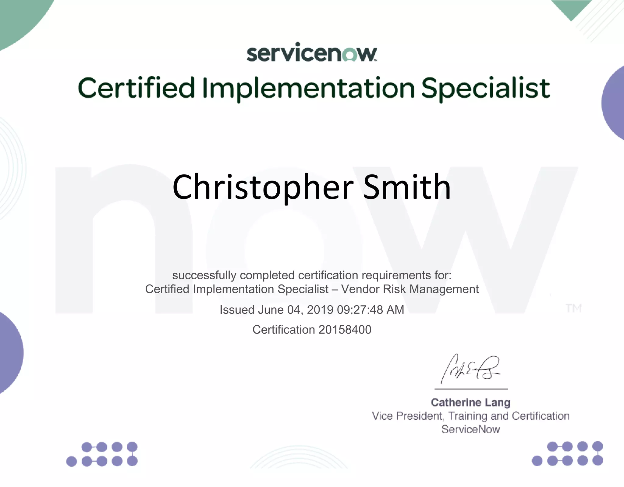 ServiceNow Certified Implementation Specialist - Vendor Risk Management ...
