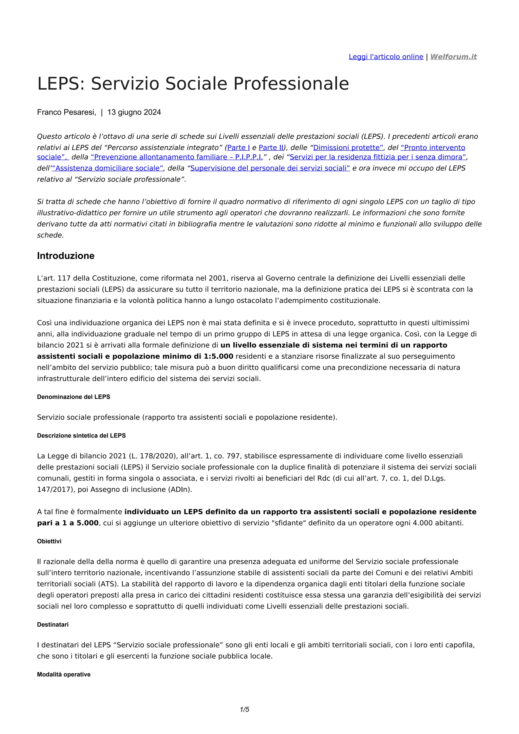 LEPS: Servizio sociale professionale | PDF