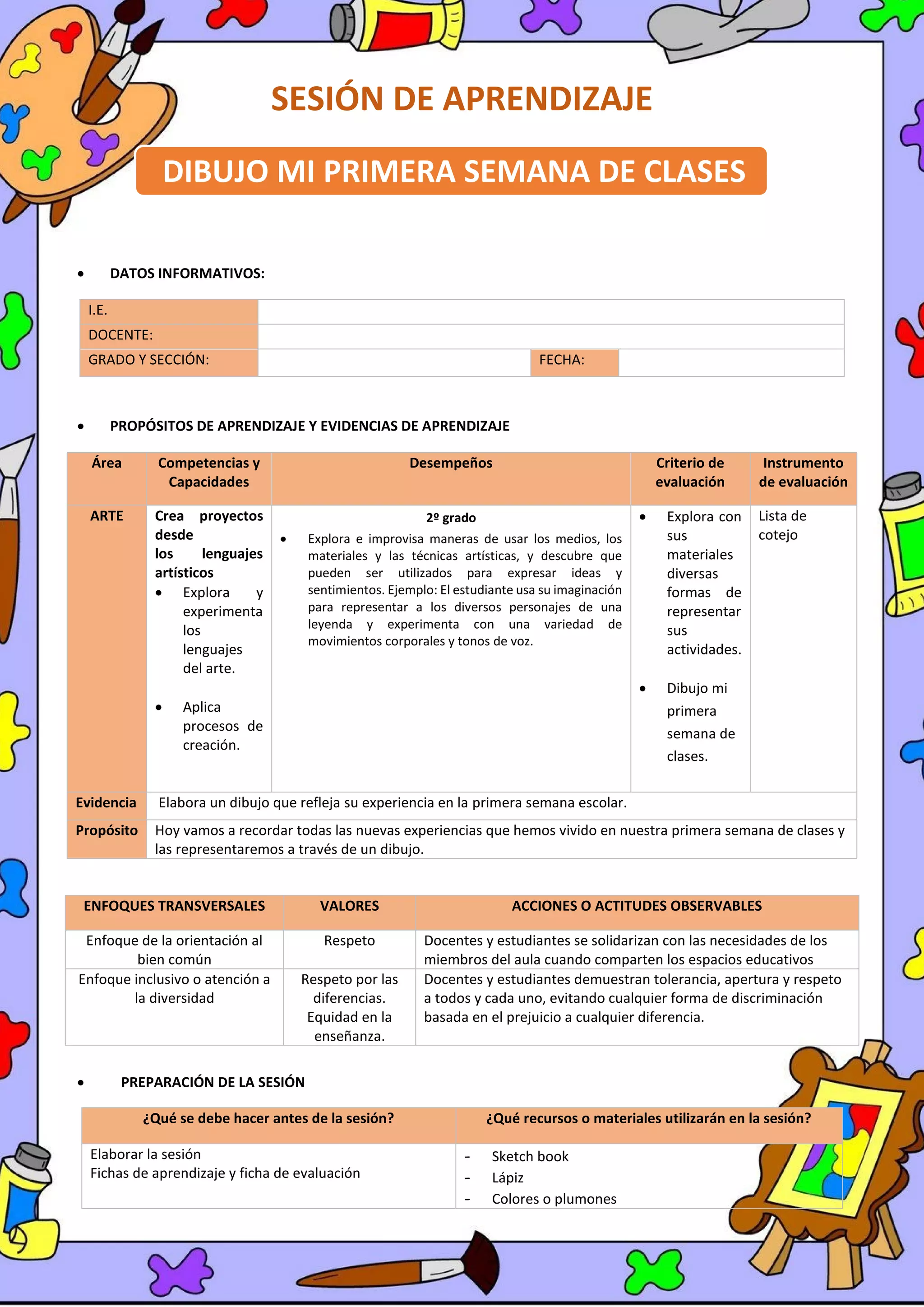 Sesiones de aprendizaje primaria | Área: Arte | Tema: Dibujo mi primera ...