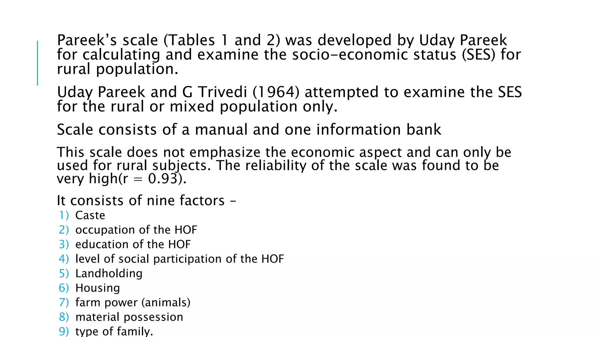 Pareek's Scale for assessing Socio-Economic Status | PPTX