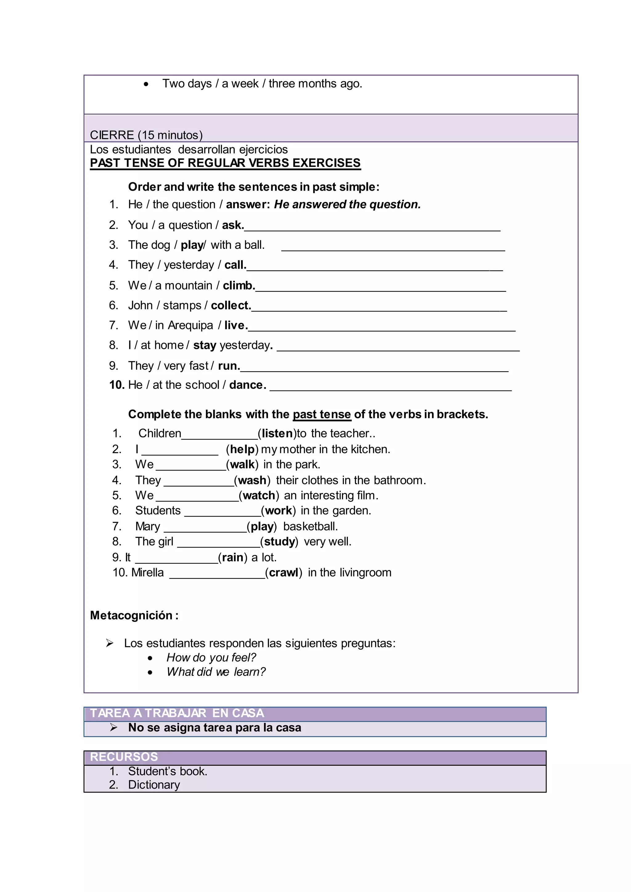 Sesión de aprendizaje. past tense regular verbs | DOCX