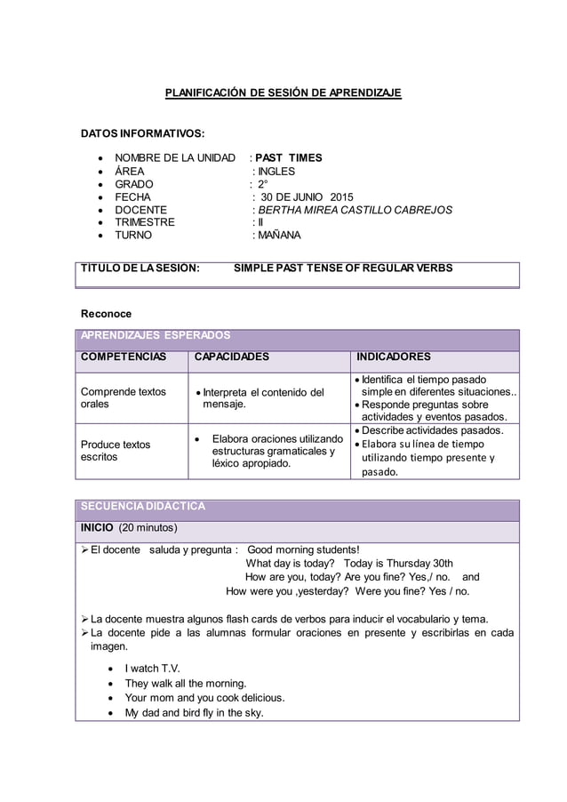 Sesión de aprendizaje. past tense regular verbs | DOCX