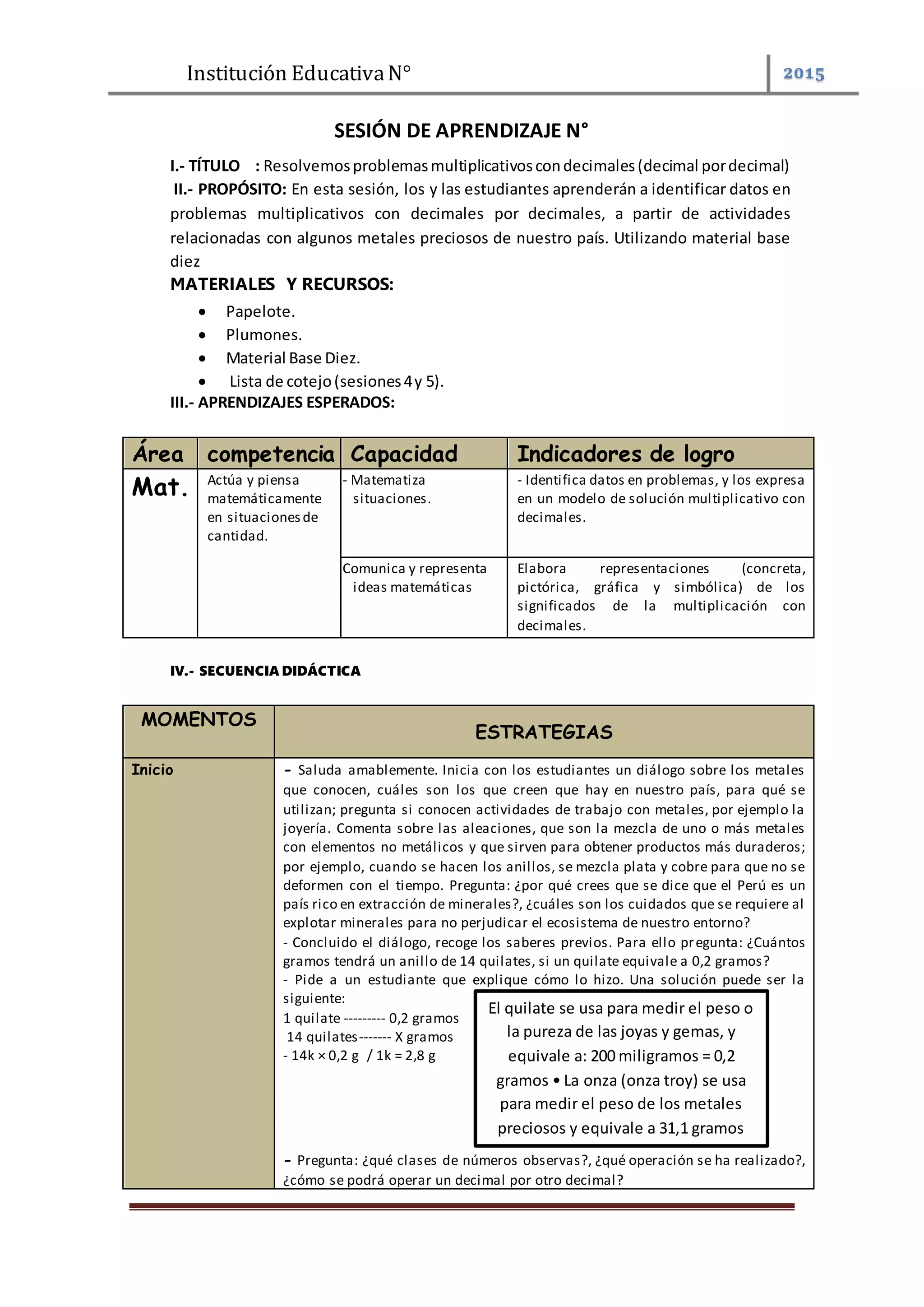 Sesión de aprendizaje matematica | DOCX