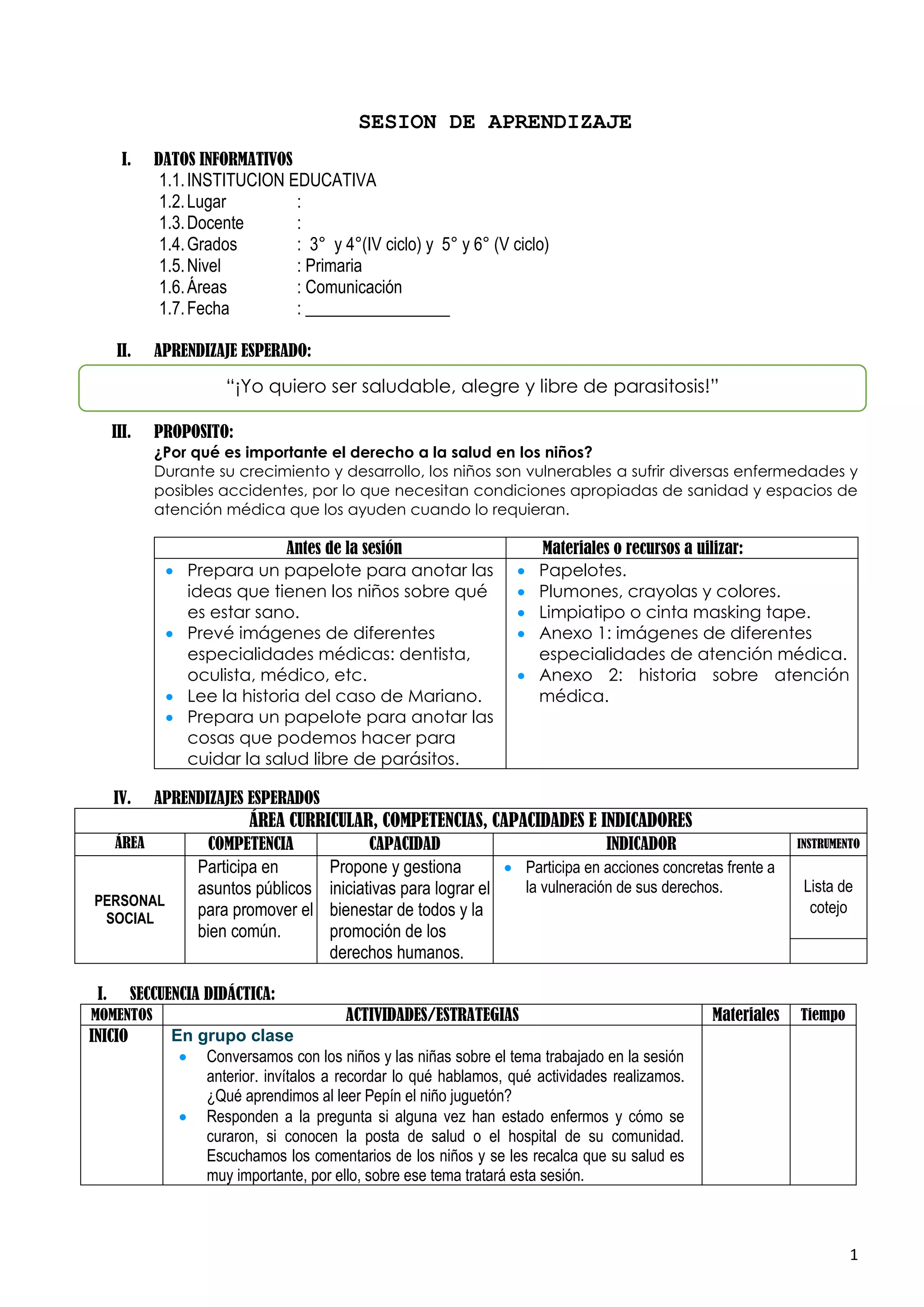 Sesión Aprendizaje De Primaria Comunicación Ugelcpgobpe