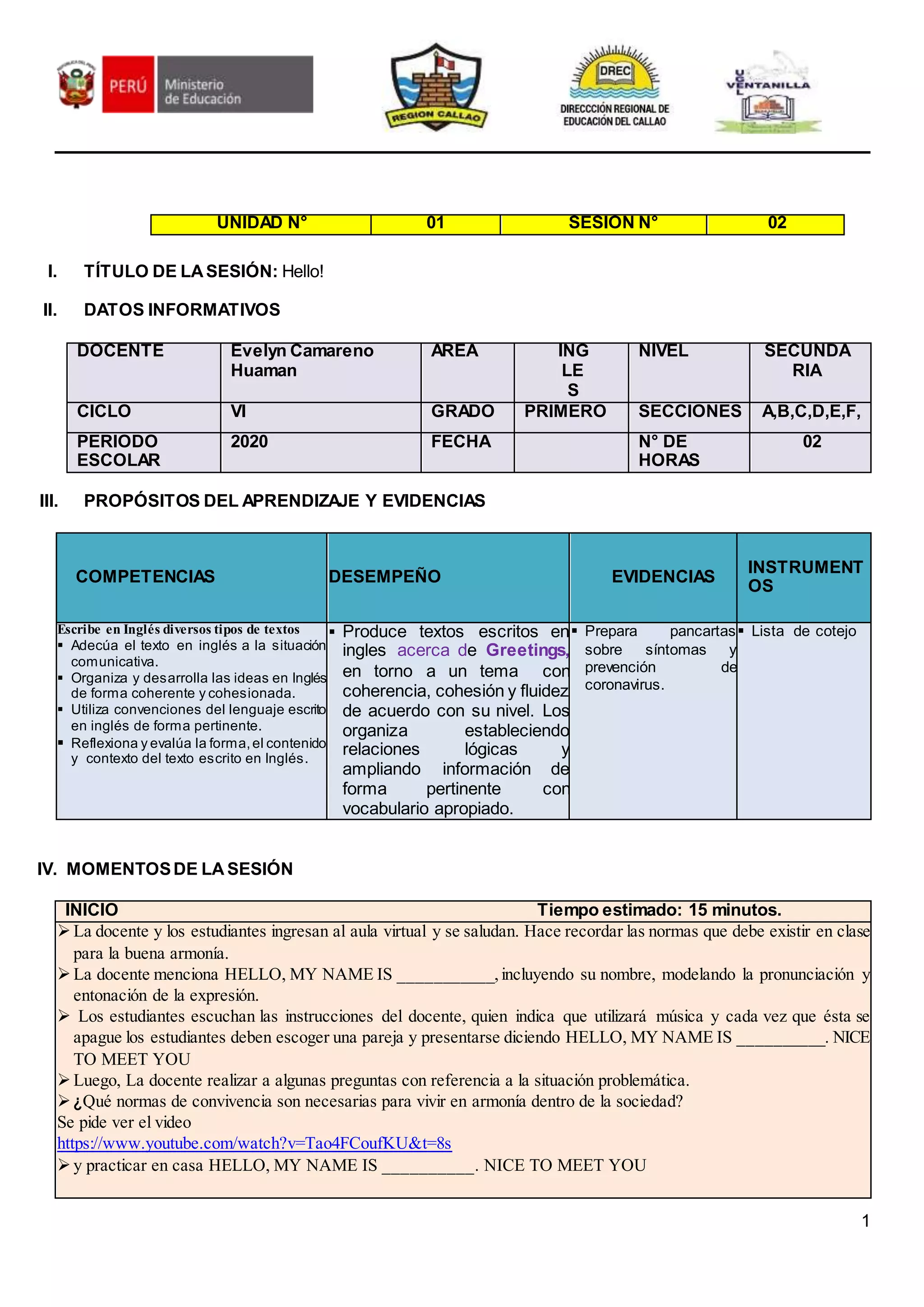 Sesion de aprendizaje primero 2 | DOCX