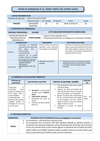 Sesion de aprendizaje 3 ro sec envia al esporitu santo 20192 | DOCX