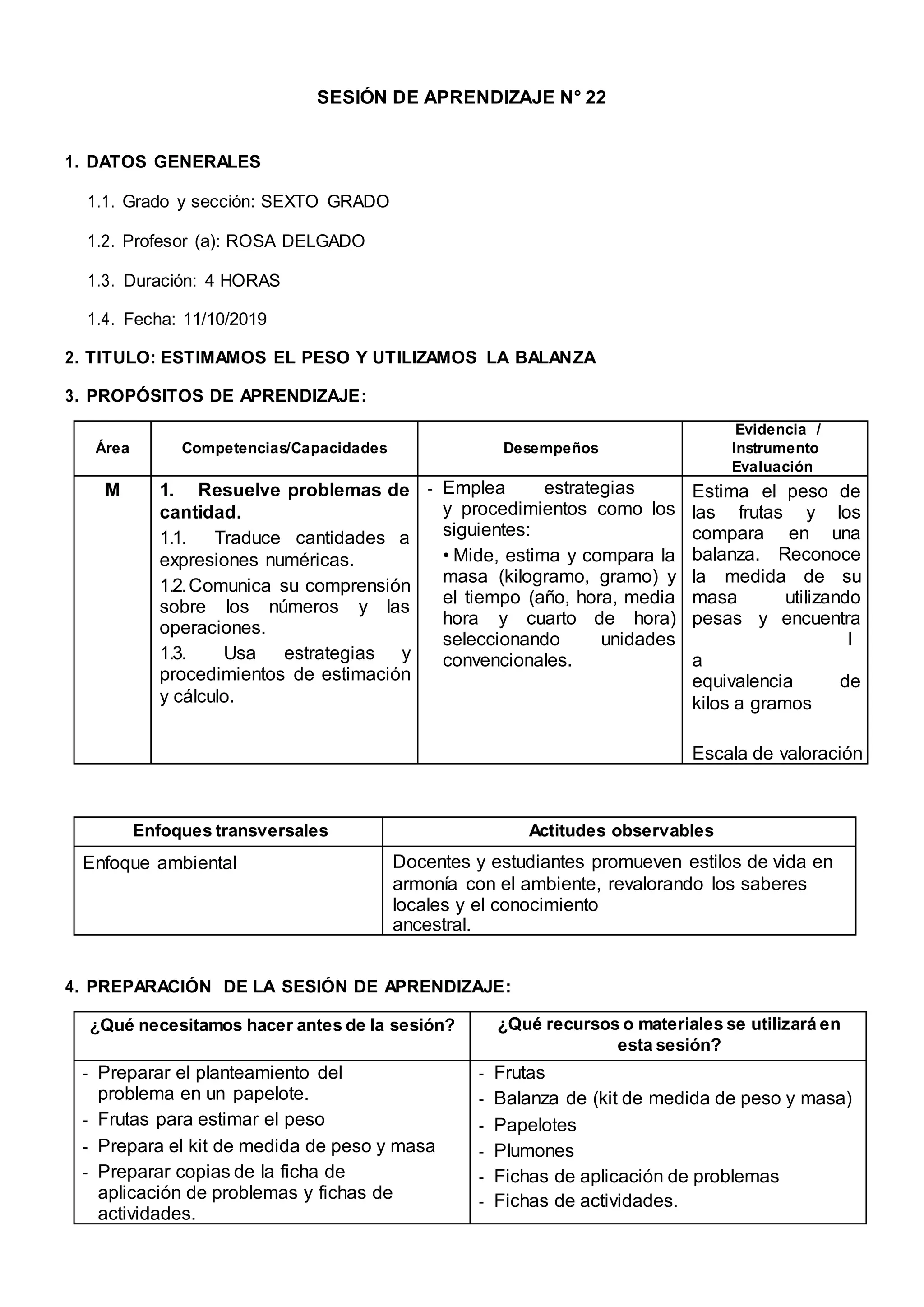 Sesion de aprendizaje peso balanza rosa delgado | DOCX