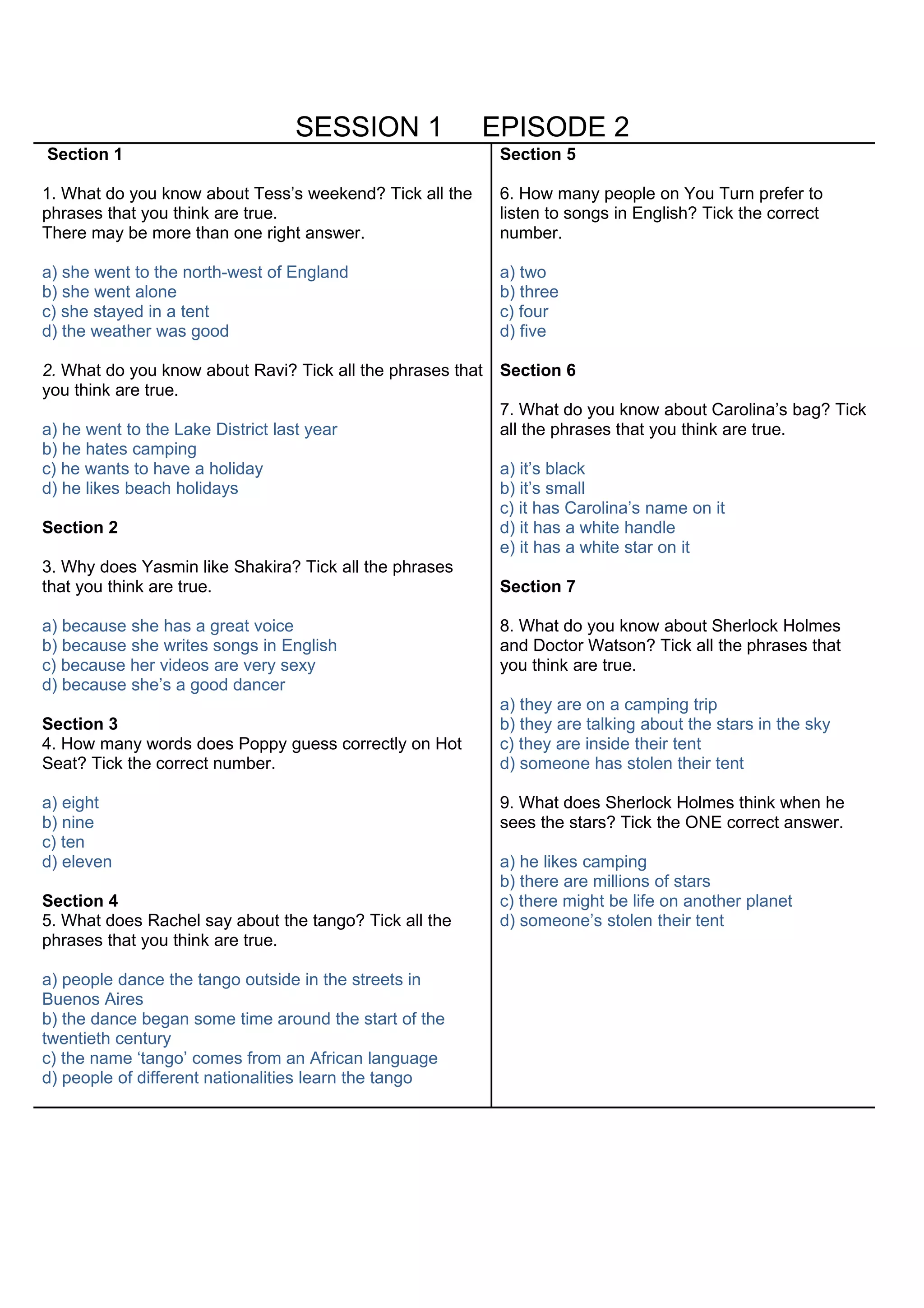 Session 1 episode 2 READING COMPREHENSION QUESTIONS WITH THE KEY | DOC ...