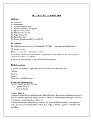 System Analysis and Design concept. objective of the design ...