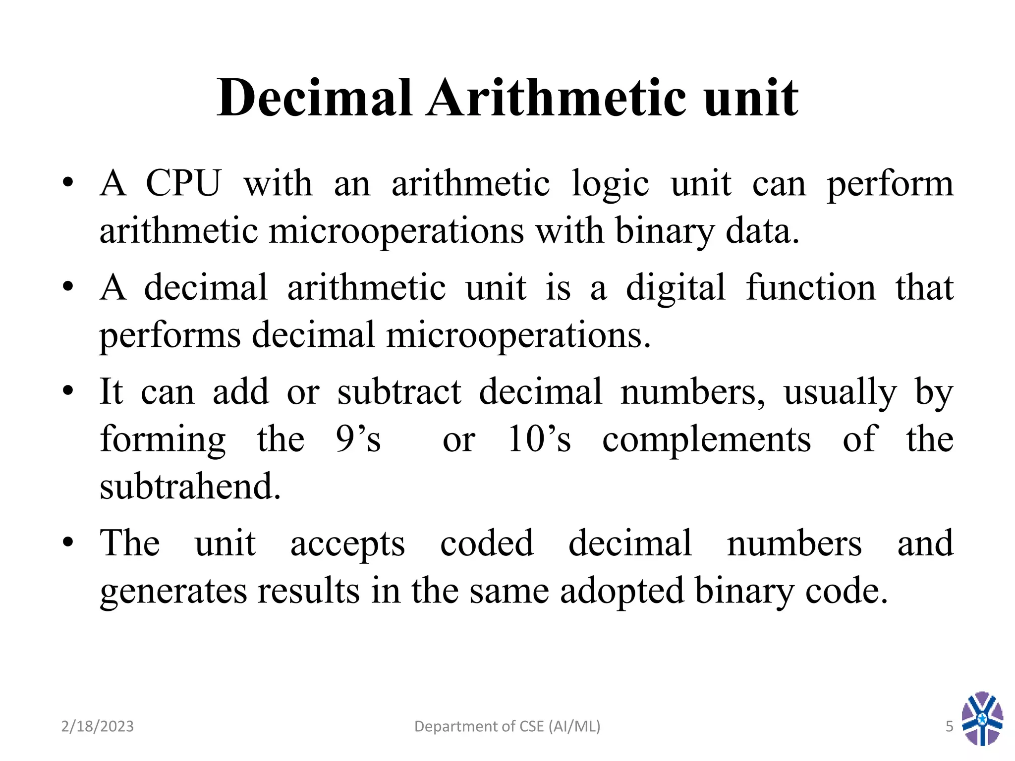 CS304PC:Computer Organization and Architecture Session 23 Decimal Arithmetic unit and operation.pptx