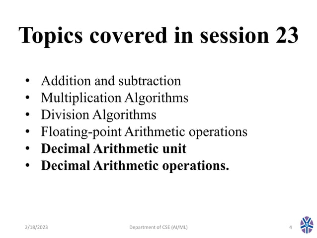 Cs304pccomputer Organization And Architecture Session 23 Decimal Arithmetic Unit And Operation