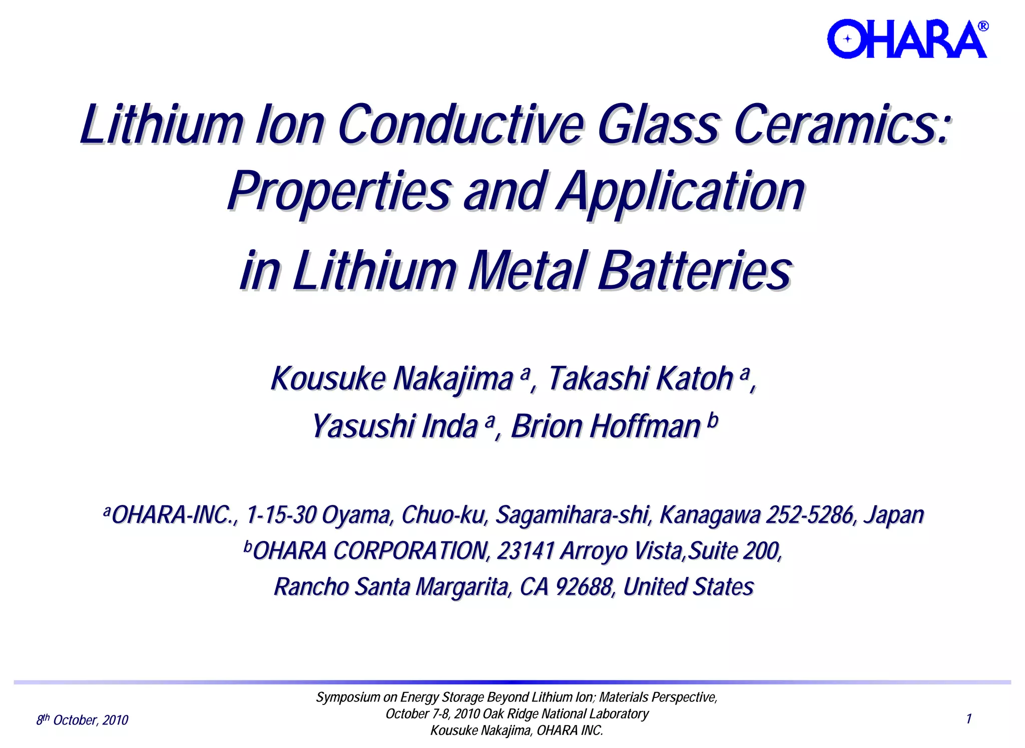 Lithium Ion Conductive Glass Ceramics | PPT
