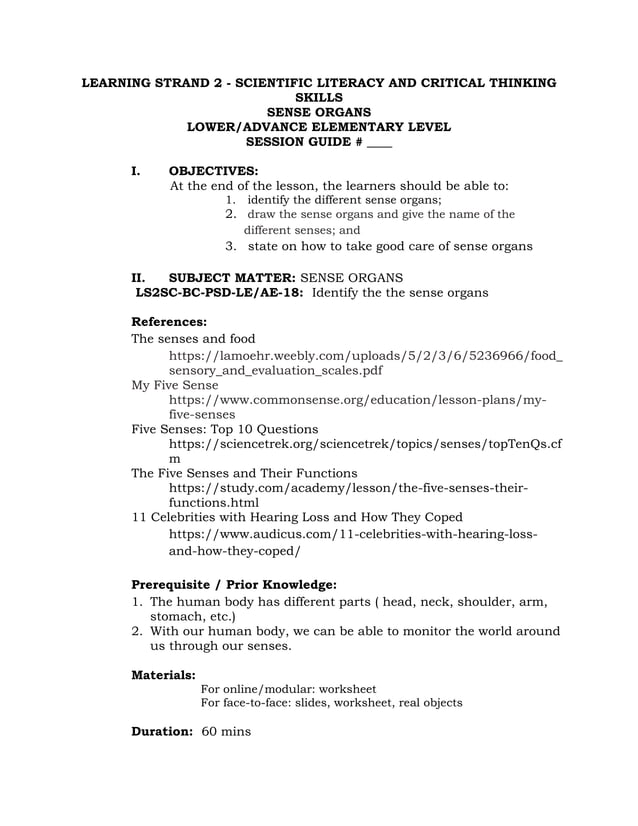 SESSION GUIDE LS 2 - SENSE ORGANS (1).docx | Ear, Nose and Throat Conditions | Diseases and ...