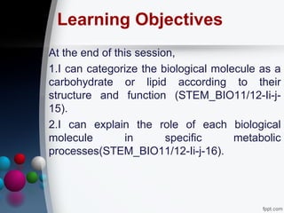 Session no. 2.1. biological molecules carbohydrates and lipids | PPT