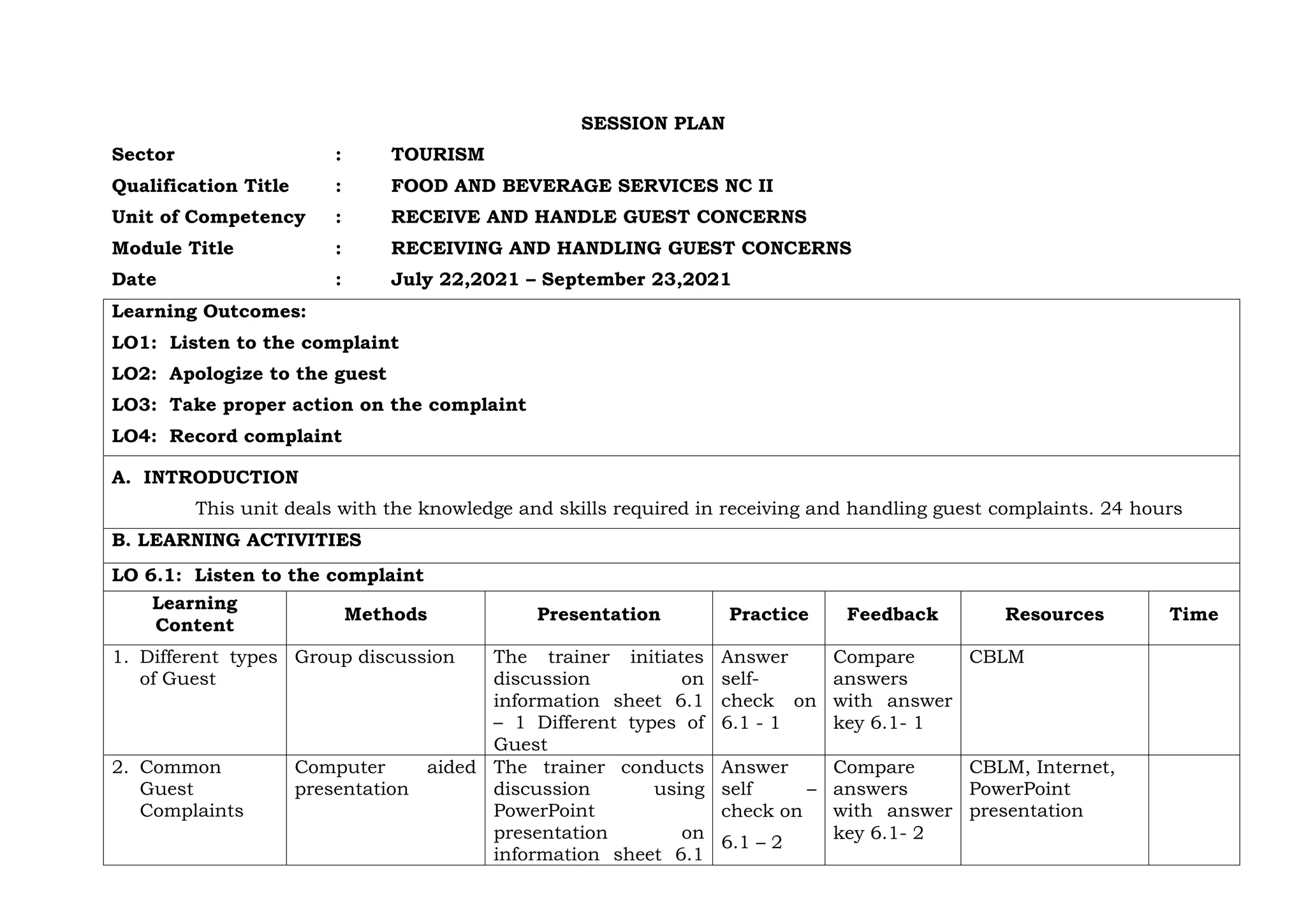 RECEIVE AND HANDLE GUEST COMPLAINT SESSIIN PLAN | PDF
