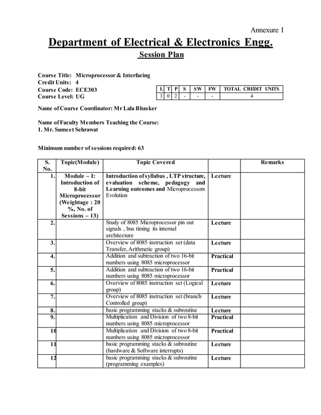 Session plan microprocessor & interfacing new | DOCX
