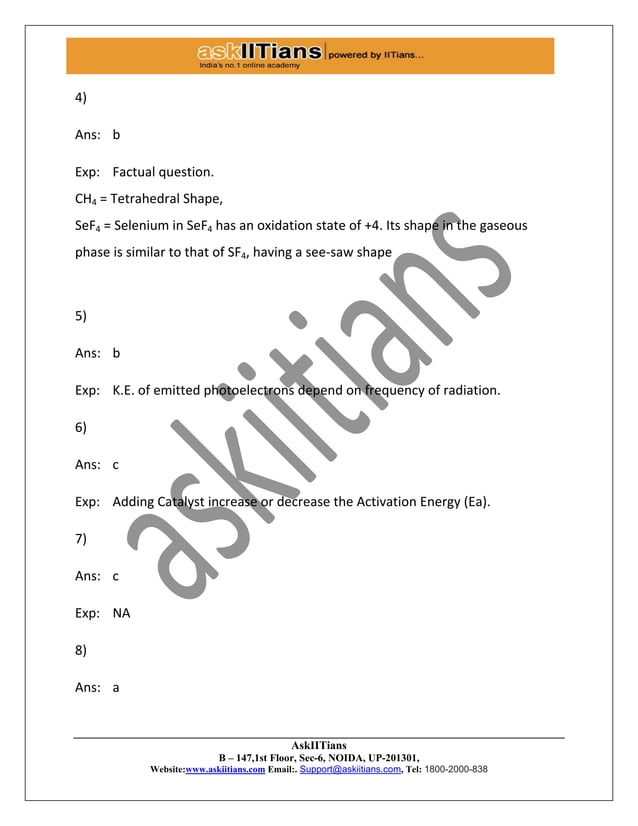 IIT JEE Main Sample Papers Set1 Answers | PDF