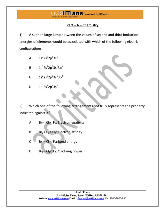 IIT JEE Main Sample Papers Set1 Questions | PDF | Chemistry | Science