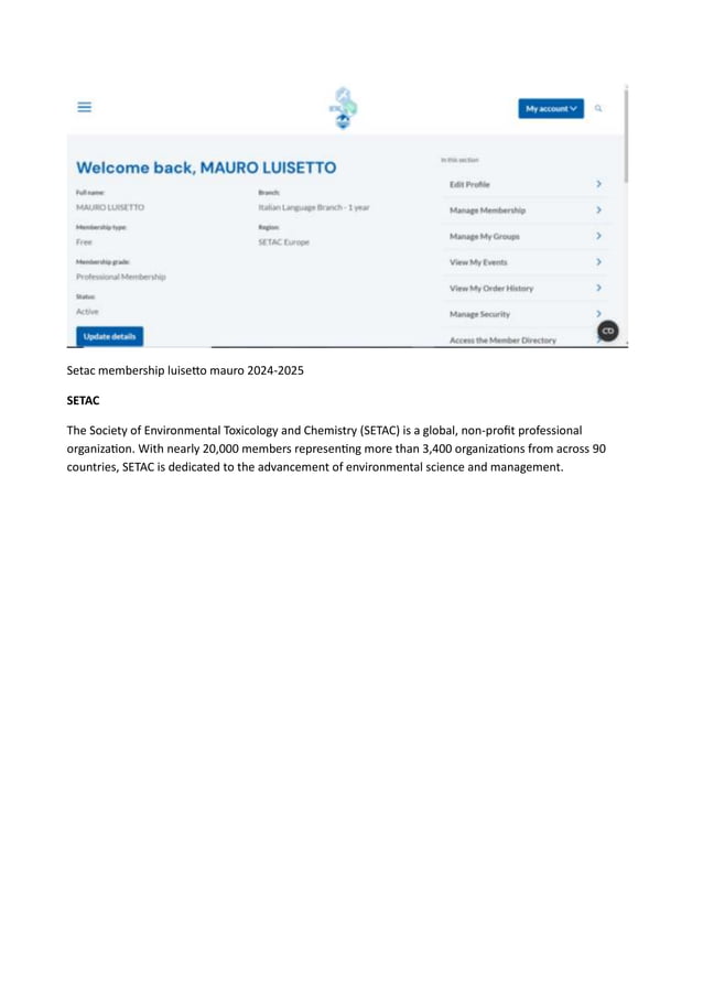 SETAC MEMBERSHIP 2024-2025 SOCIETY OF ENVIRONMENTAL TOXICOLOGY AND ...